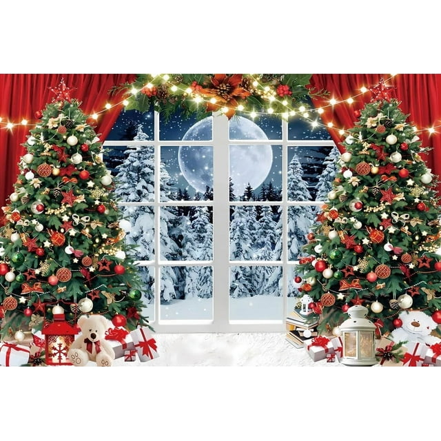 Laeacco Winter Christmas Window Scene Backdrop Snow Forest Pink ...