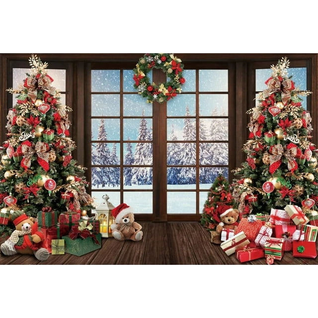Laeacco Winter Christmas Window Scene Backdrop Snow Forest Pink ...