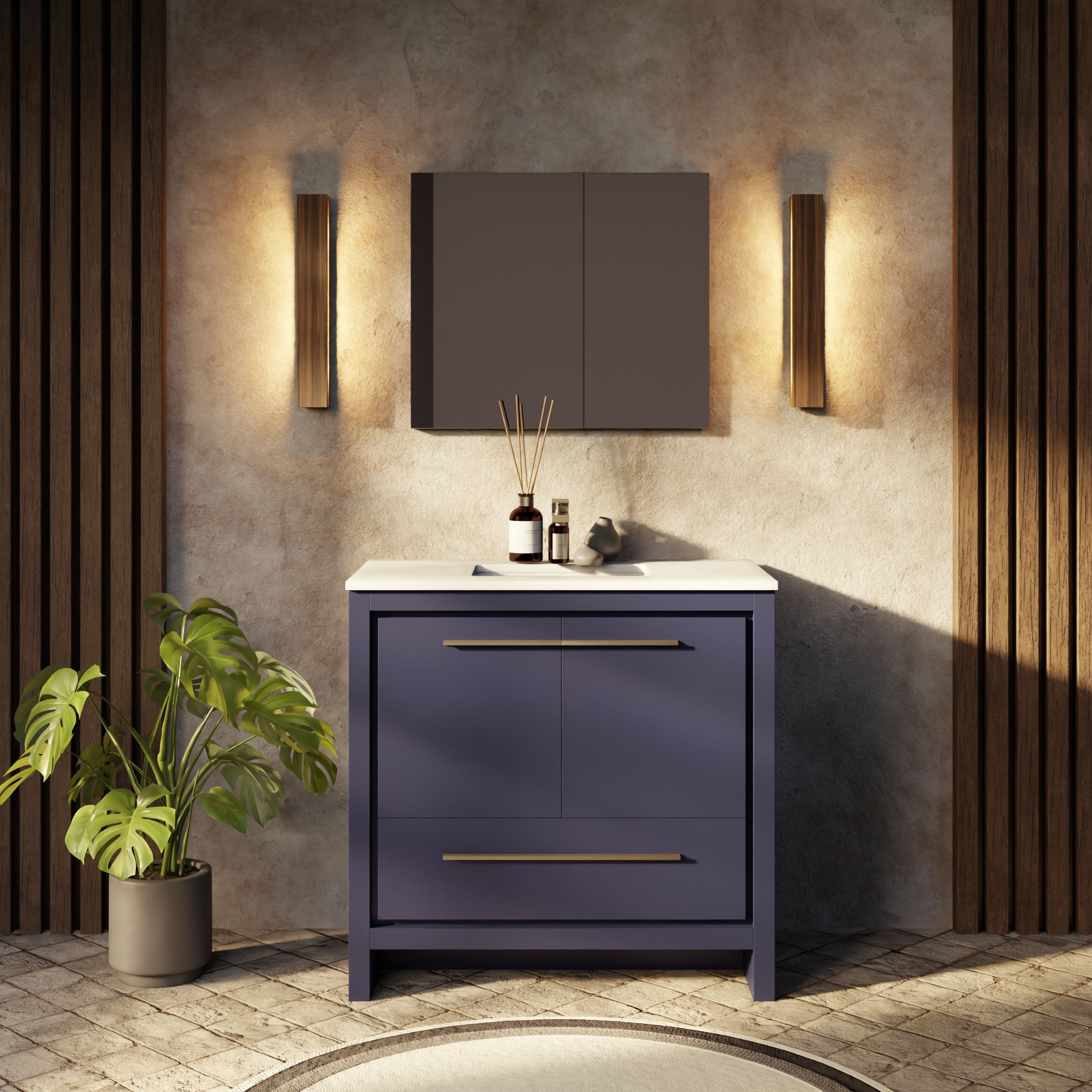 Lafarre 36 in W Navy Blue Bath Vanity, White Quartz Top, Chrome Faucet ...
