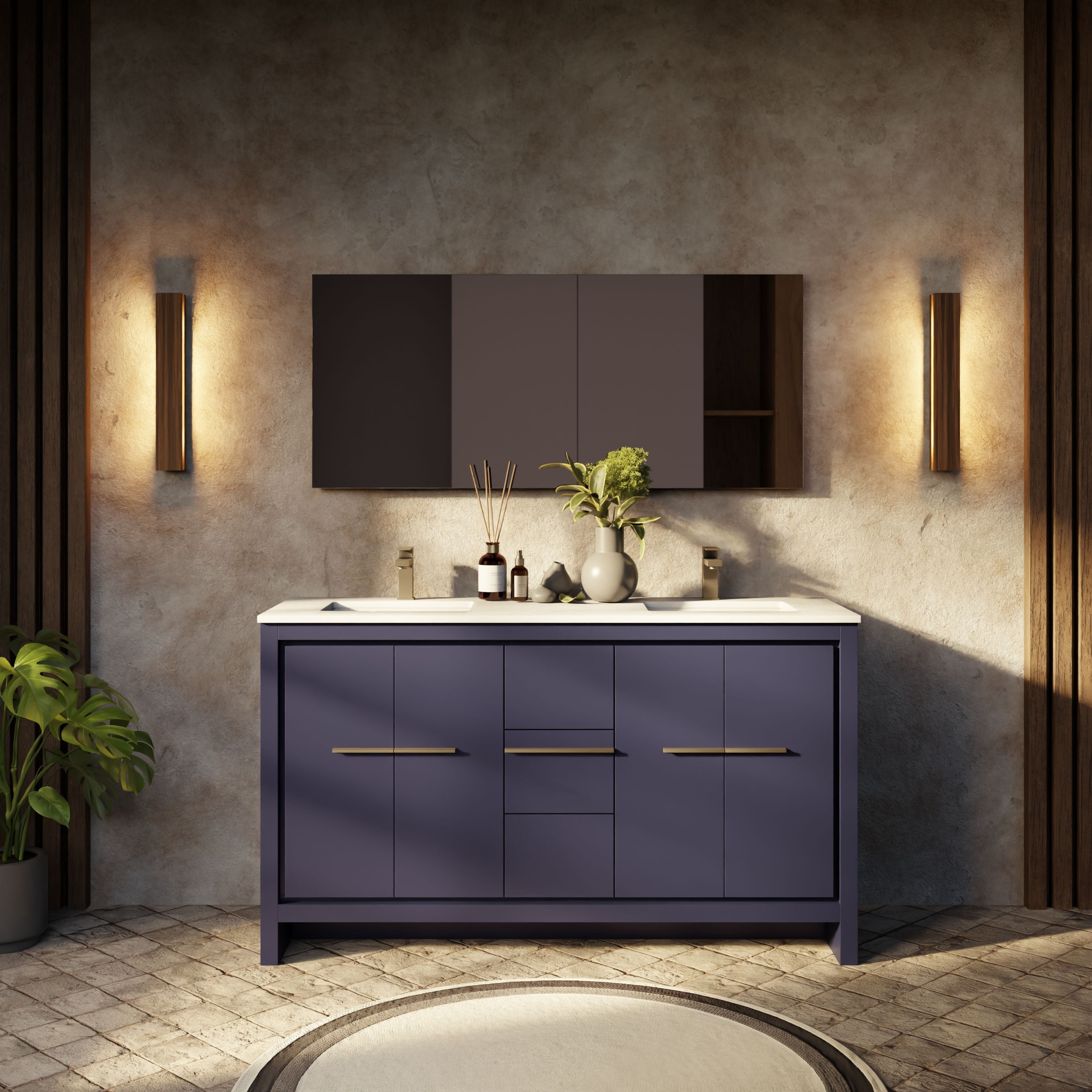 Lafarre 60 in W Navy Blue Double Bath Vanity, White Quartz Top and Gun ...