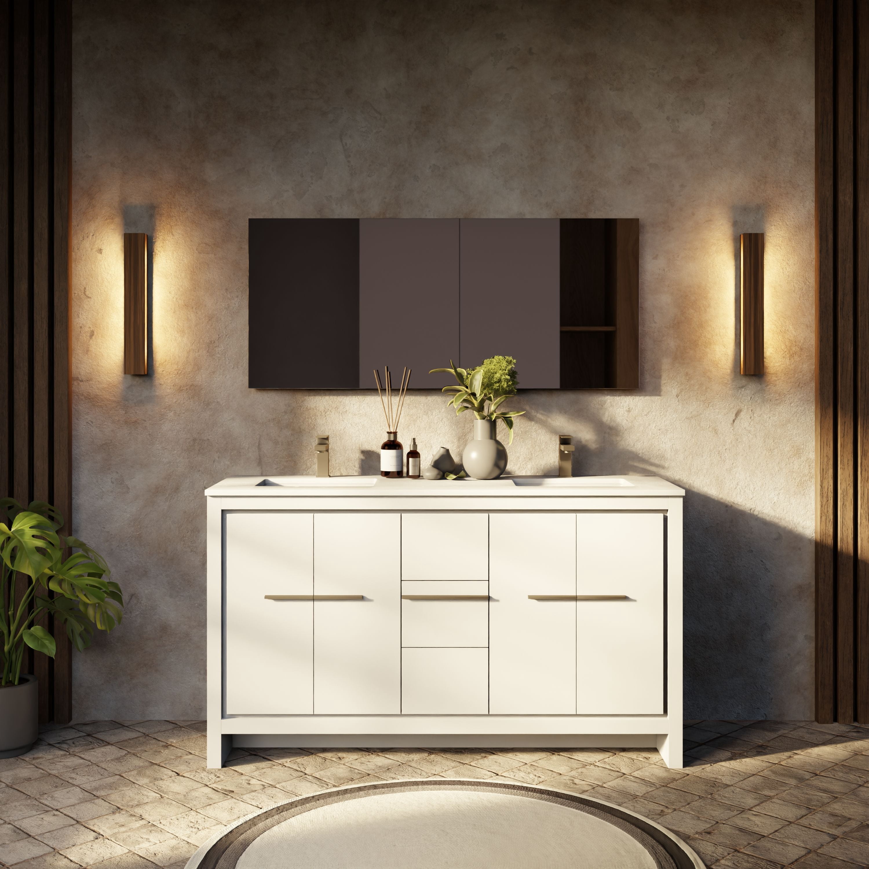 Lafarre 60 in W x 20 in D White Double Bath Vanity, White Quartz Top ...