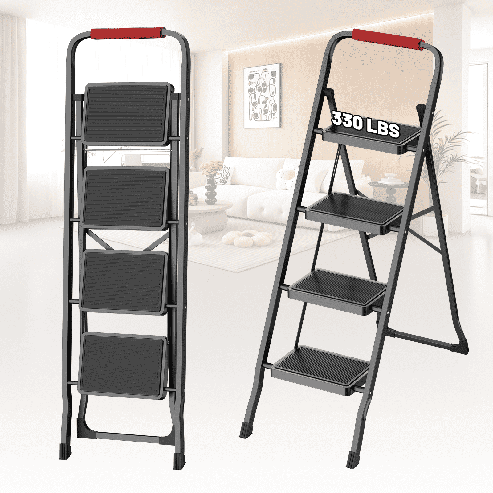 Lafati 4 Step Folding Ladder, 330lb Capacity, Wide Anti-Slip Pedals ...