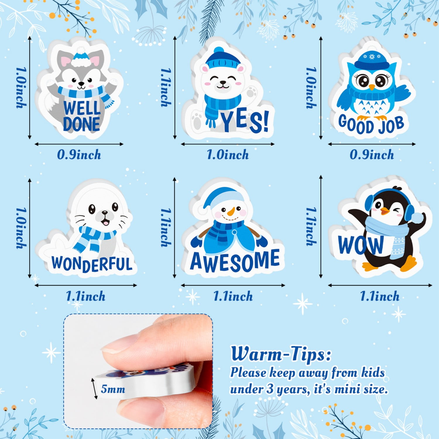 Laffact 60Pieces Winter Incentive Mini Eraser Set Penguin Snow Leopard ...