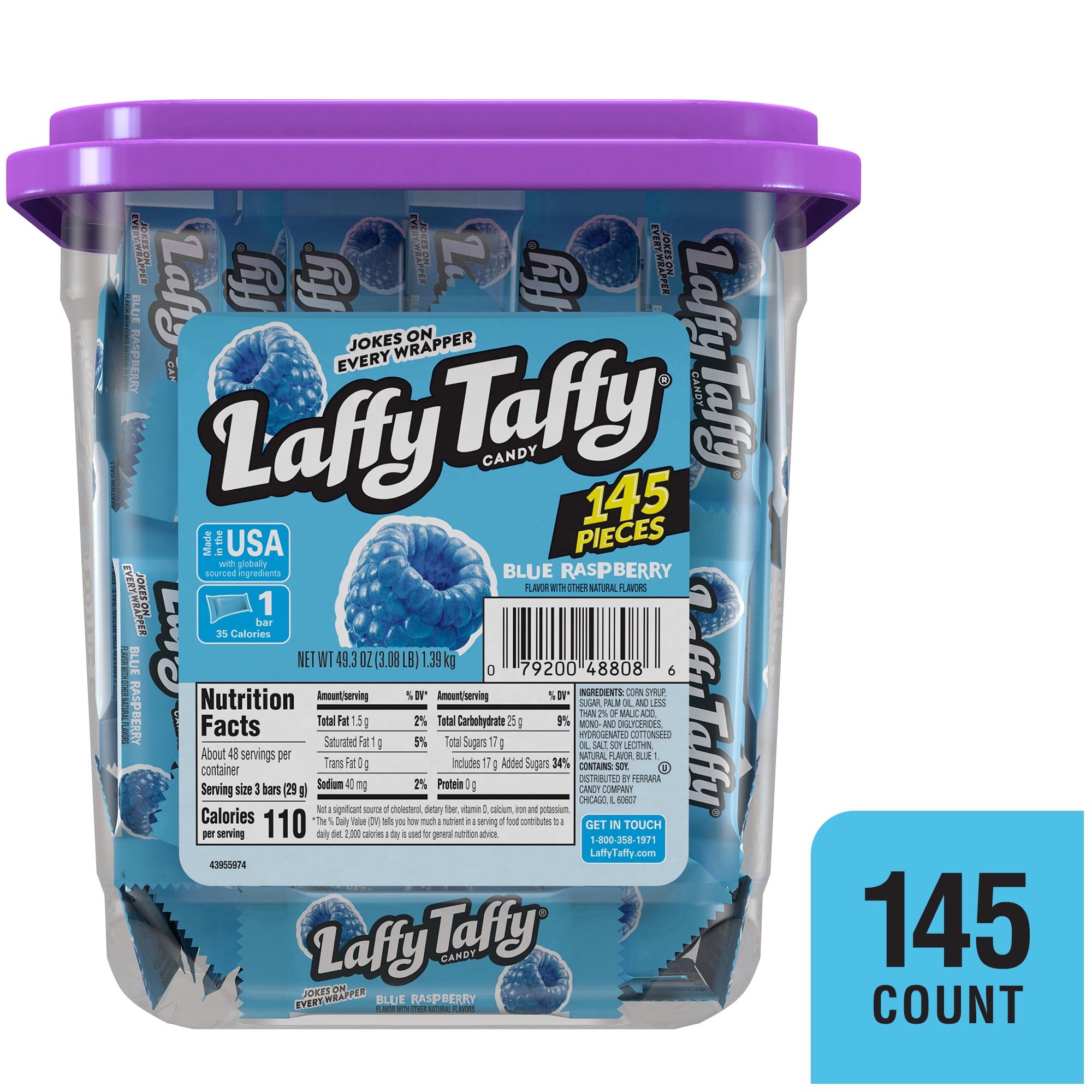 Laffy Taffy Soft Sugar Blue Raspberry Candy Tub, 0.34 Oz (145 Count ...