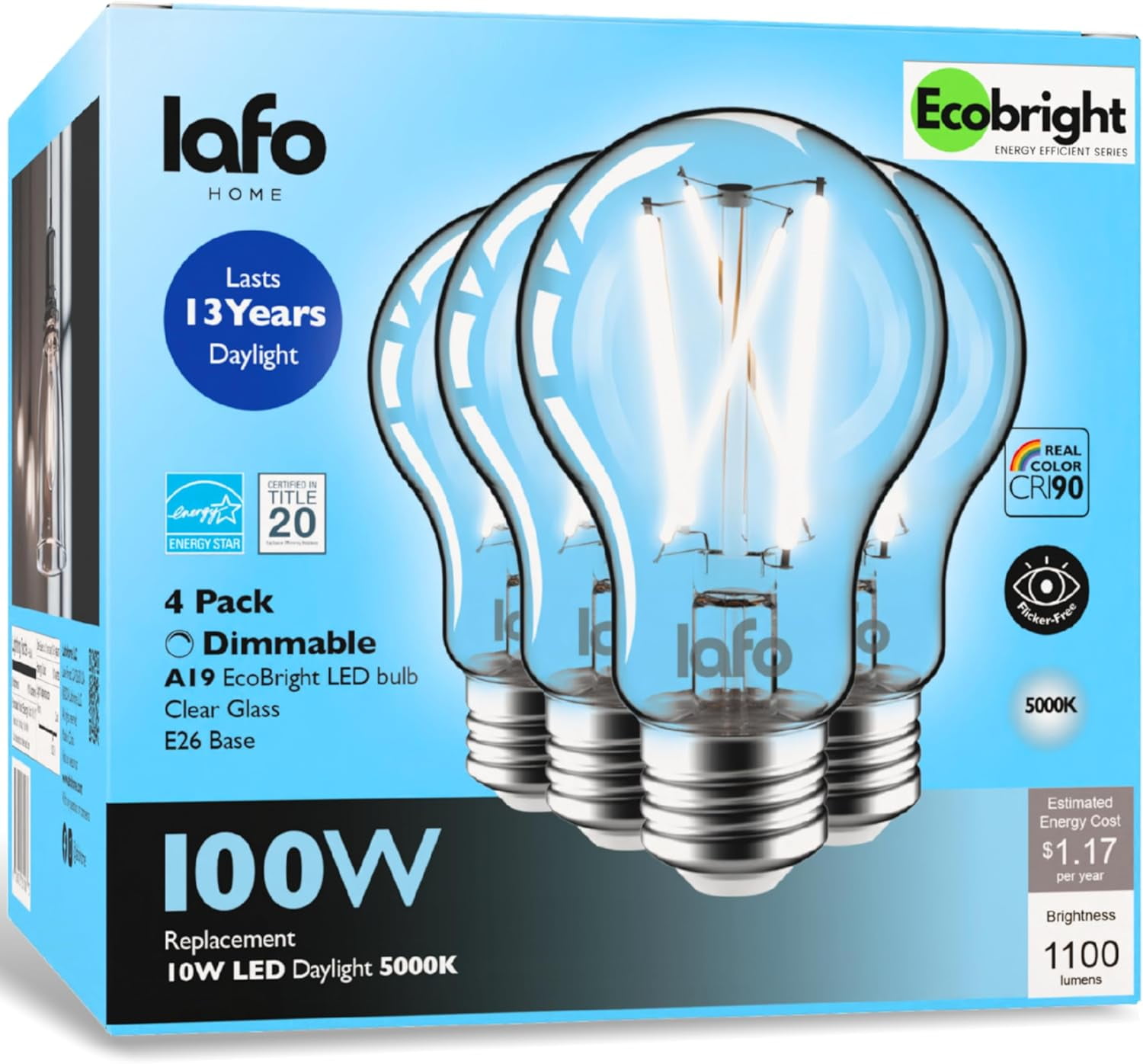 LafoHome EcoBright A19 LED Filament Bulb, 100W Equivalent, 5000K ...