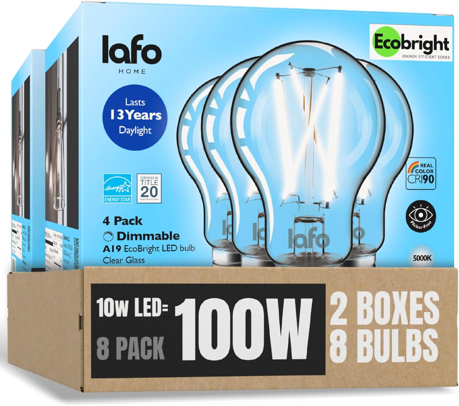 LafoHome EcoBright A19 LED Filament Bulb, 100W Equivalent, 5000K ...