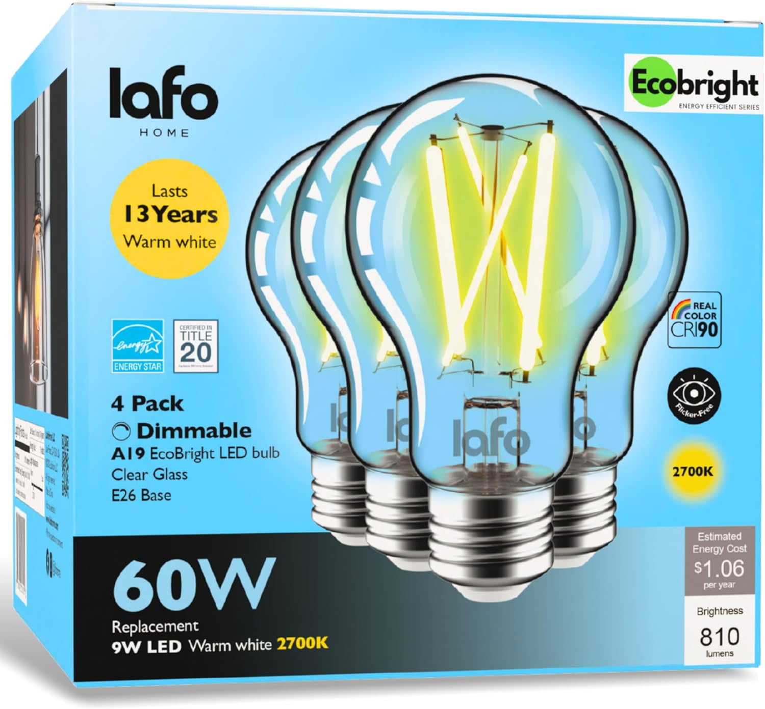 LafoHome EcoBright A19 LED Filament Bulb, 60W Equivalent, 2700K Warm ...