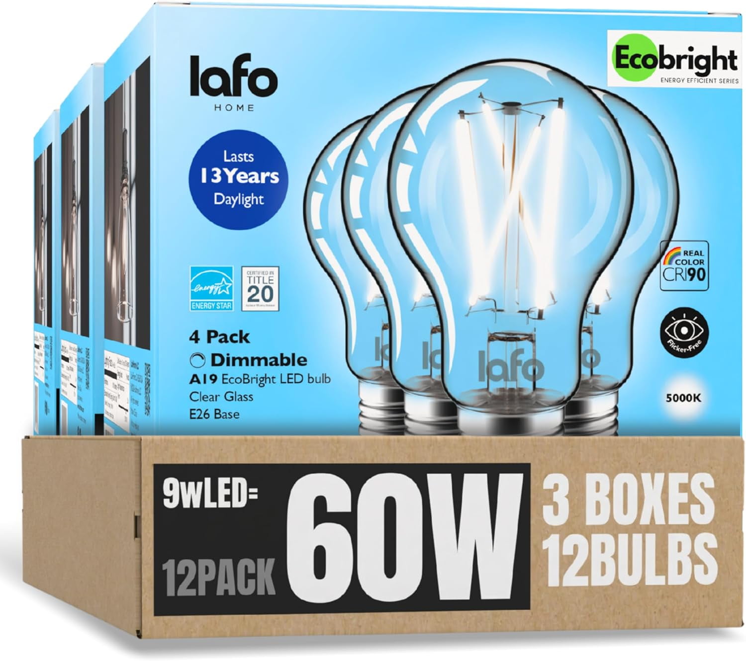 LafoHome EcoBright A19 LED Filament Bulb, 60W Equivalent, 5000K ...