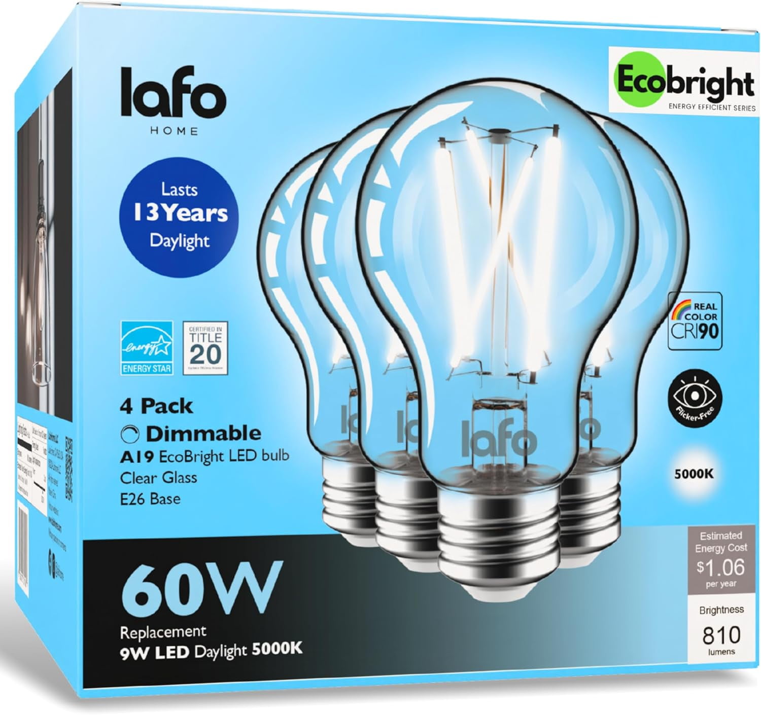 LafoHome EcoBright A19 LED Filament Bulb, 60W Equivalent, 5000K ...
