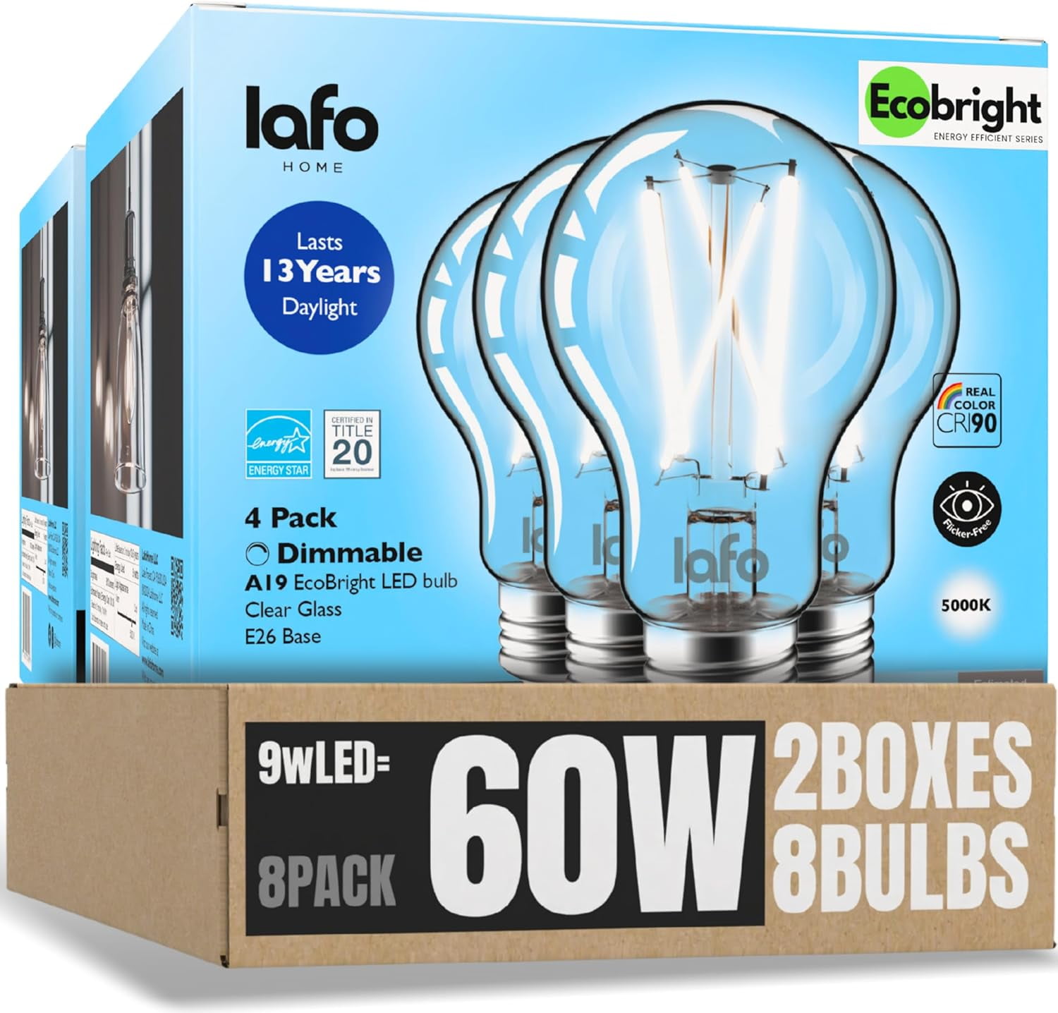 LafoHome EcoBright A19 LED Filament Bulb, 60W Equivalent, 5000K ...