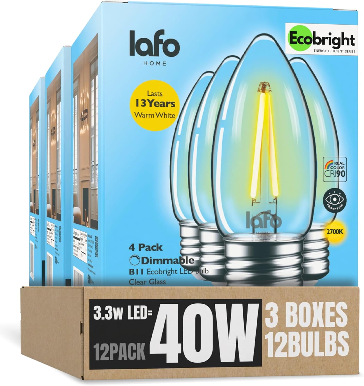 LafoHome EcoBright B11 LED Filament Bulb, 40W Equivalent, 2700K Warm ...