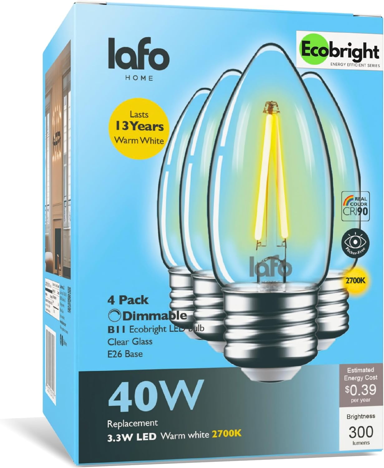 LafoHome EcoBright B11 LED Filament Bulb, 40W Equivalent, 2700K Warm ...