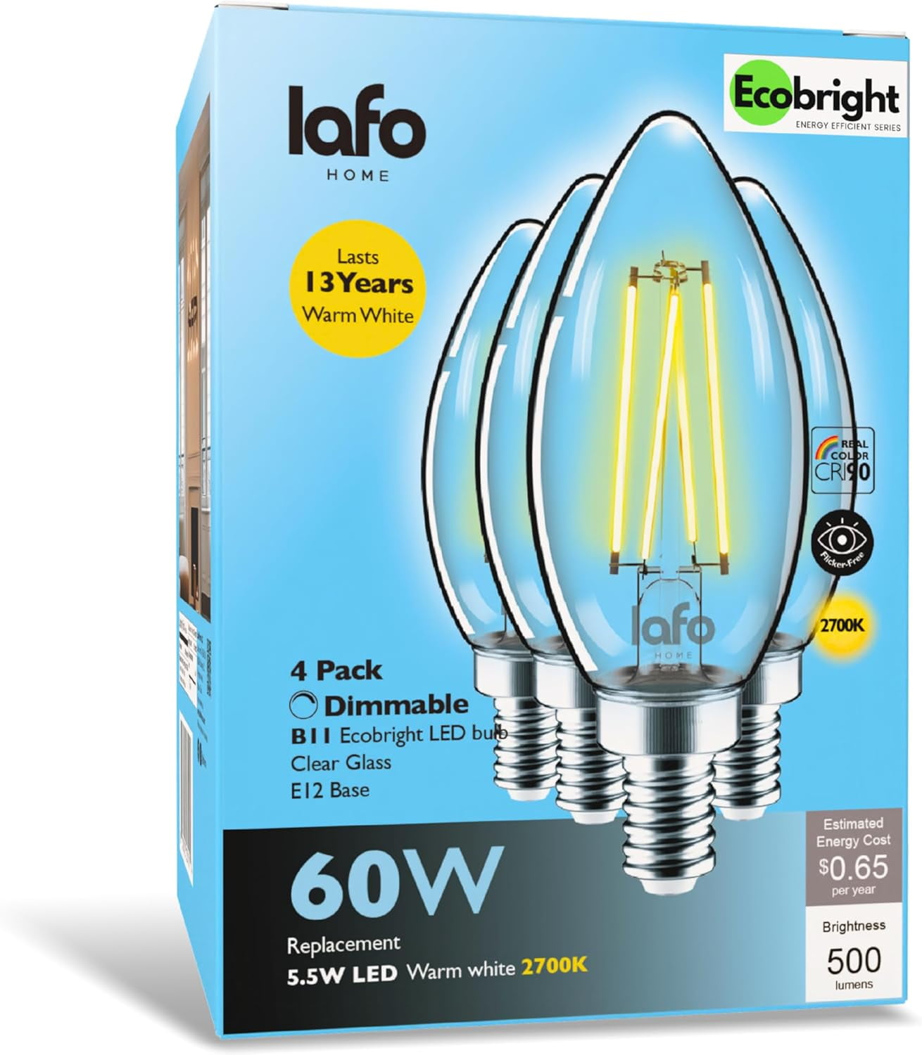 LafoHome EcoBright B11 LED Filament Bulb, 60W Equivalent, 2700K Warm ...