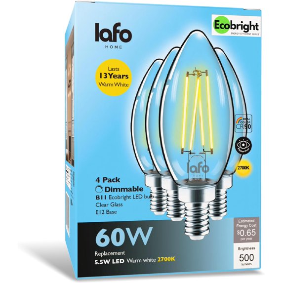 LafoHome EcoBright B11 LED Filament Bulb, 60W Equivalent, 2700K Warm ...