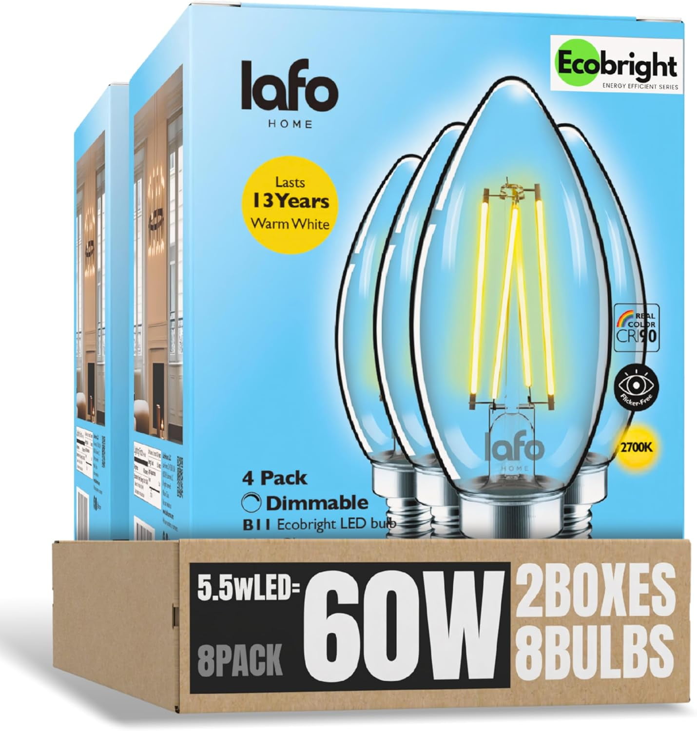 LafoHome EcoBright B11 LED Filament Bulb, 60W Equivalent, 2700K Warm ...