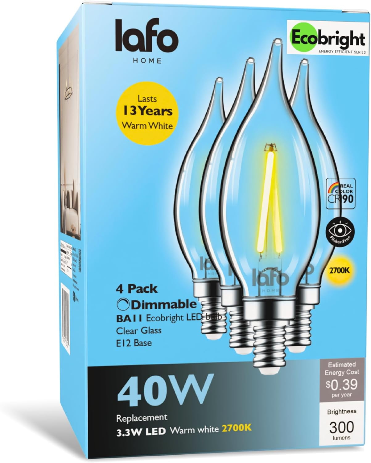 LafoHome EcoBright BA11 LED Filament Bulb, 40W Equivalent, 2700K Warm ...