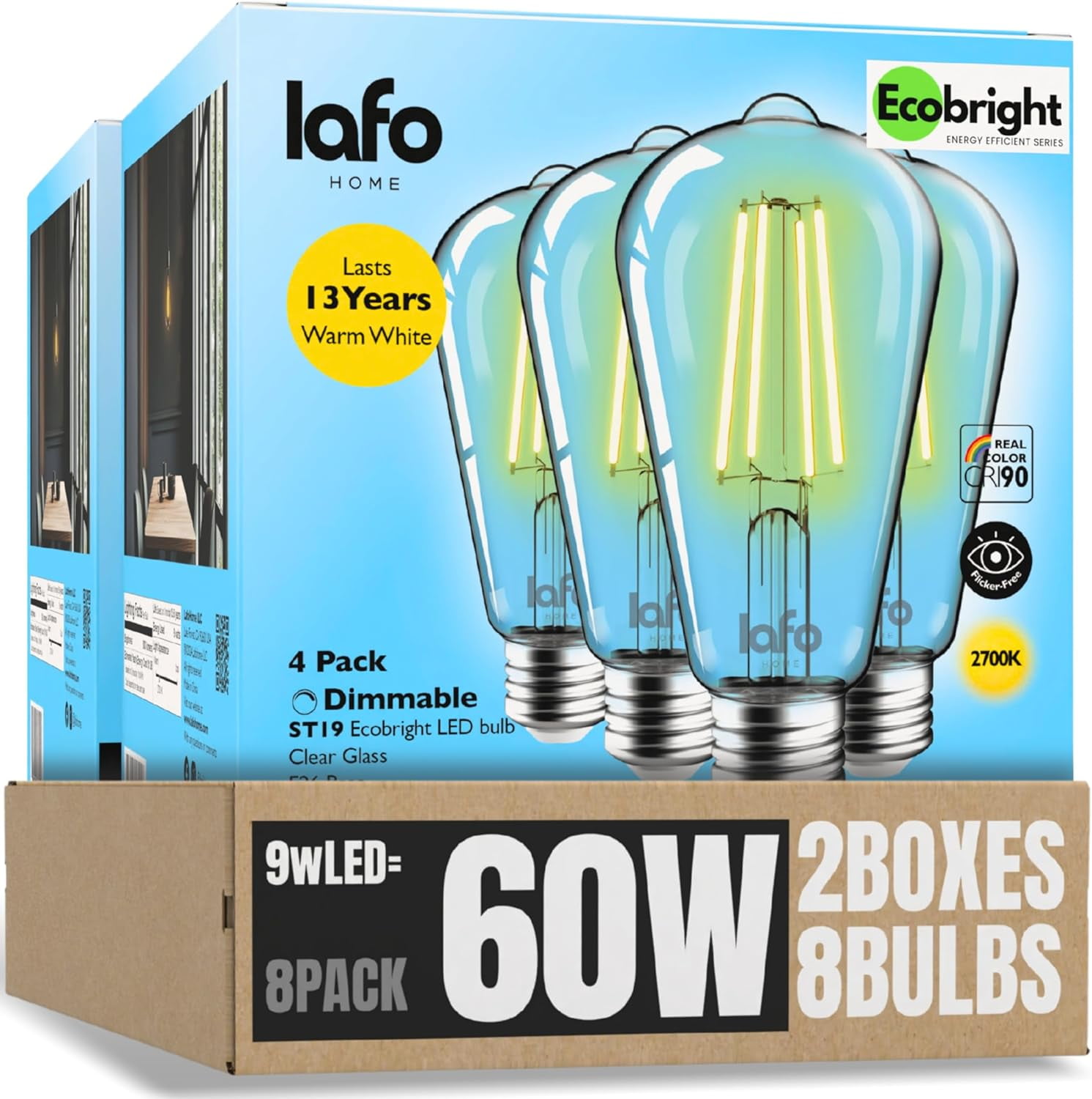 LafoHome EcoBright ST19 LED Filament Bulb, 60W Equivalent, 2700K Warm ...