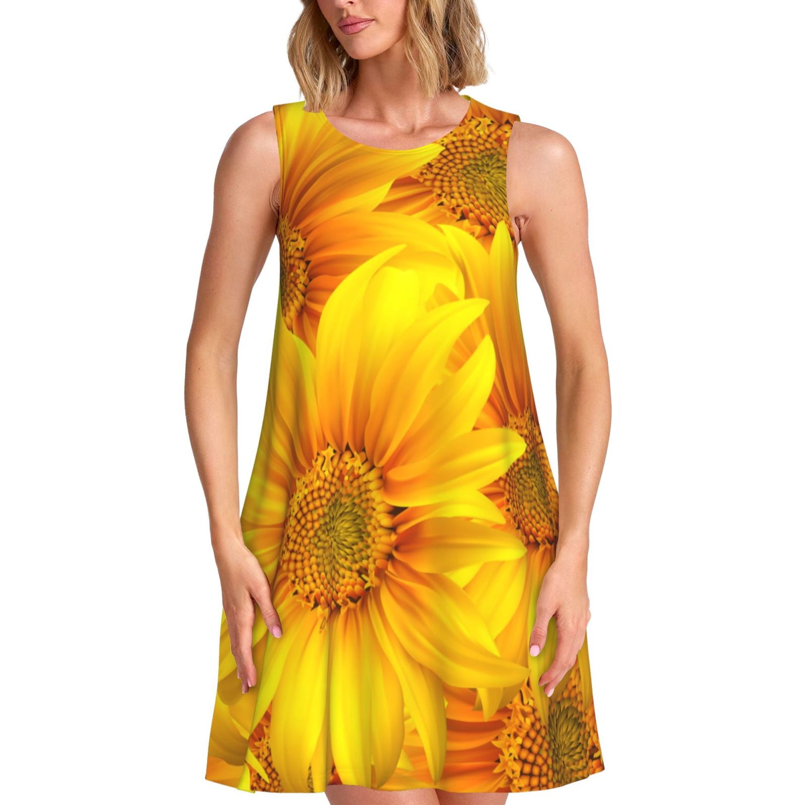 Lafuoo 3D Sunflowers Pattern Women's Sleeveless Dress, Round Tie Pocket ...
