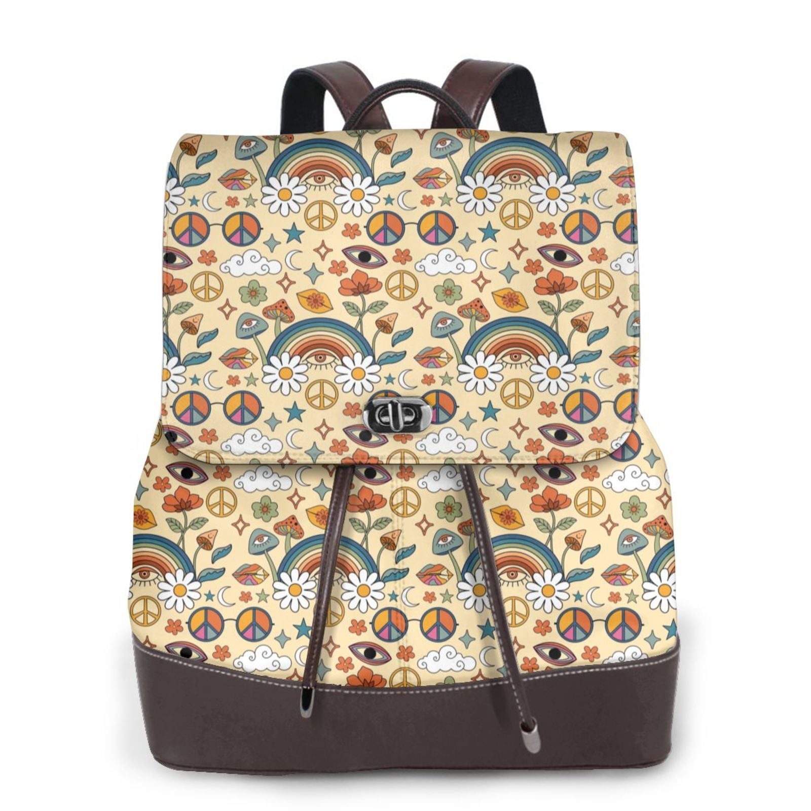 Lafuoo 70s Hippie Style Pattern Leather Backpack, Adjustable Backpack ...