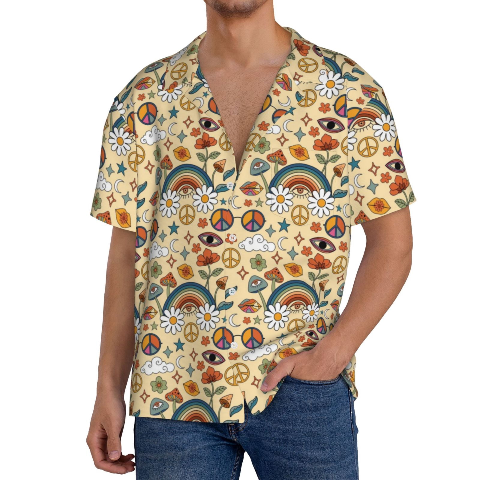 Lafuoo 70s Hippie Style Pattern Men's Cuban Collar Short Sleeve Shirt ...