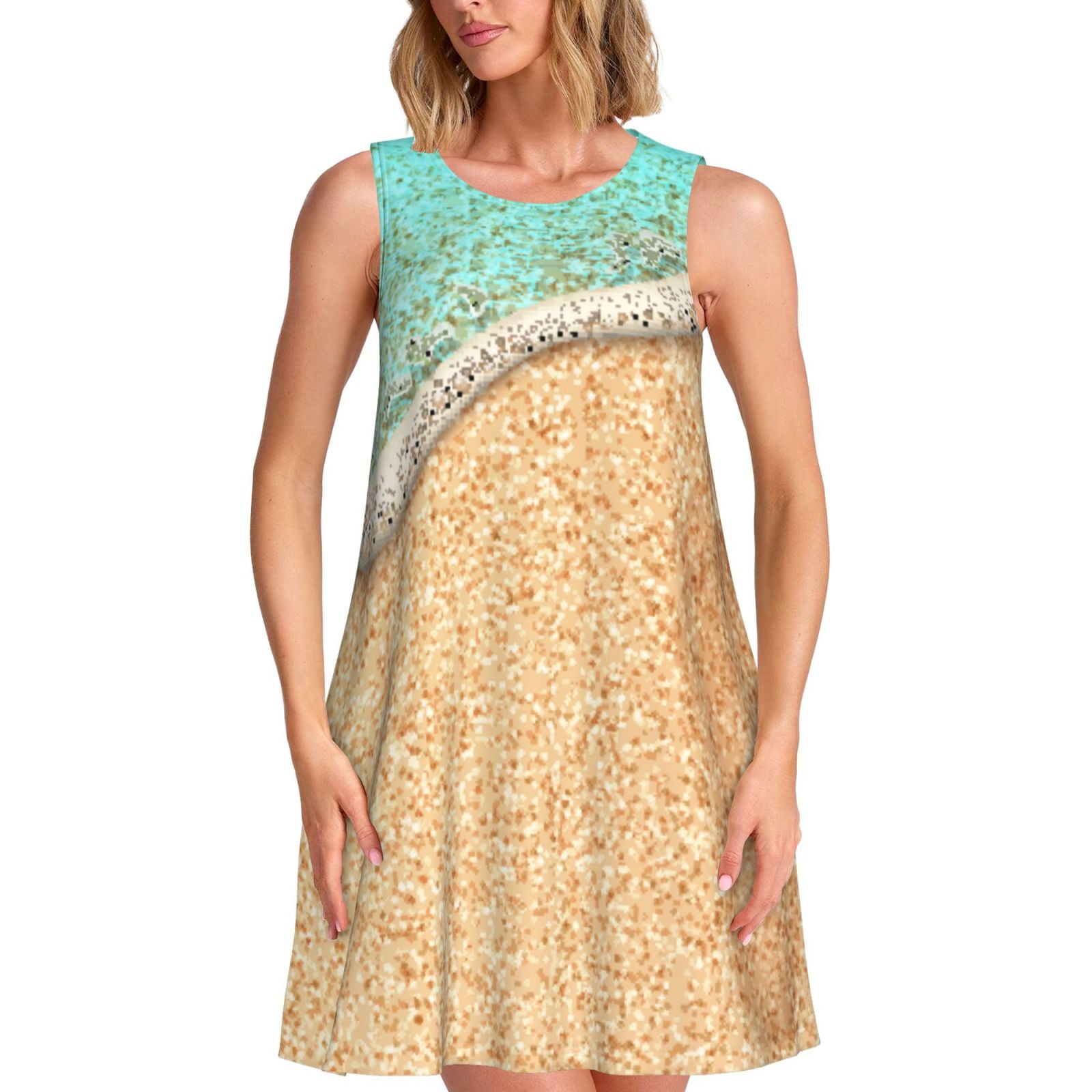 Lafuoo Beach Footprint Pattern Women's Sleeveless Dress, Round Tie ...