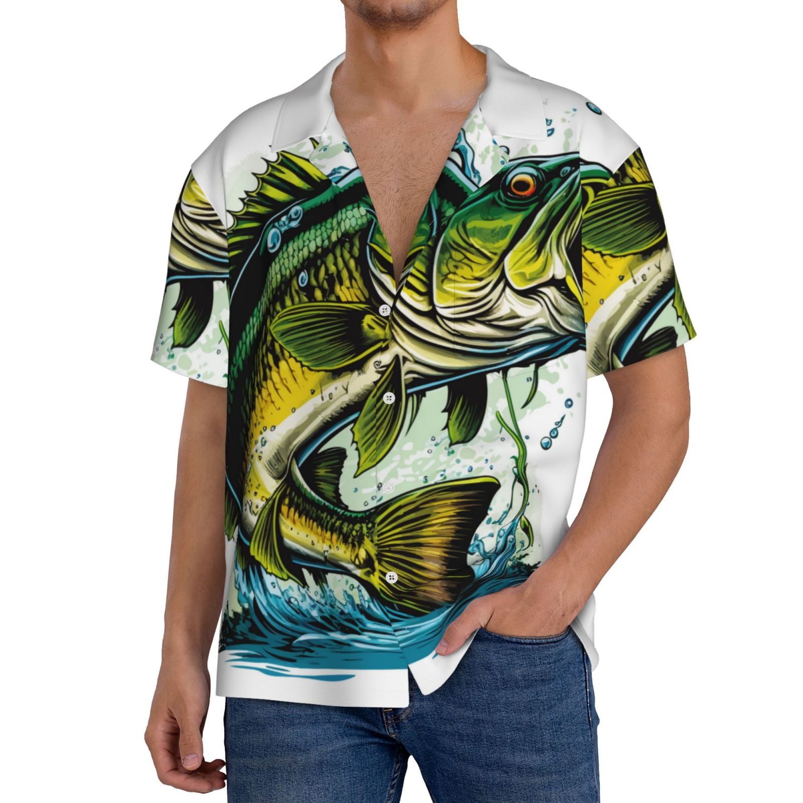 Lafuoo Big bass fish Pattern Men's Cuban Collar Short Sleeve Shirt ...