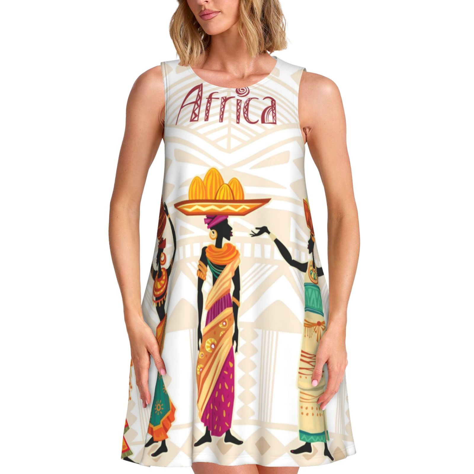 Lafuoo Black African Woman Pattern Women's Sleeveless Dress, Round Tie ...