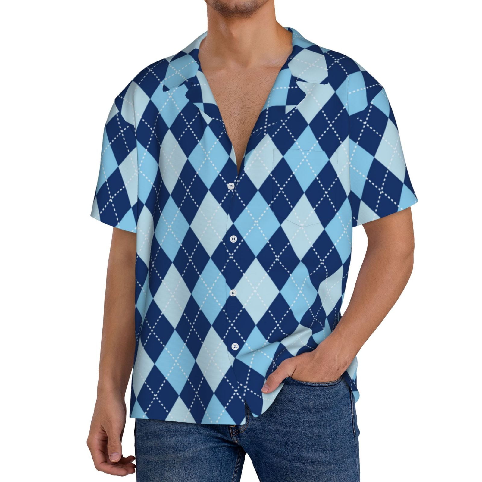 Lafuoo Blue Squares Pattern Men's Cuban Collar Short Sleeve Shirt ...