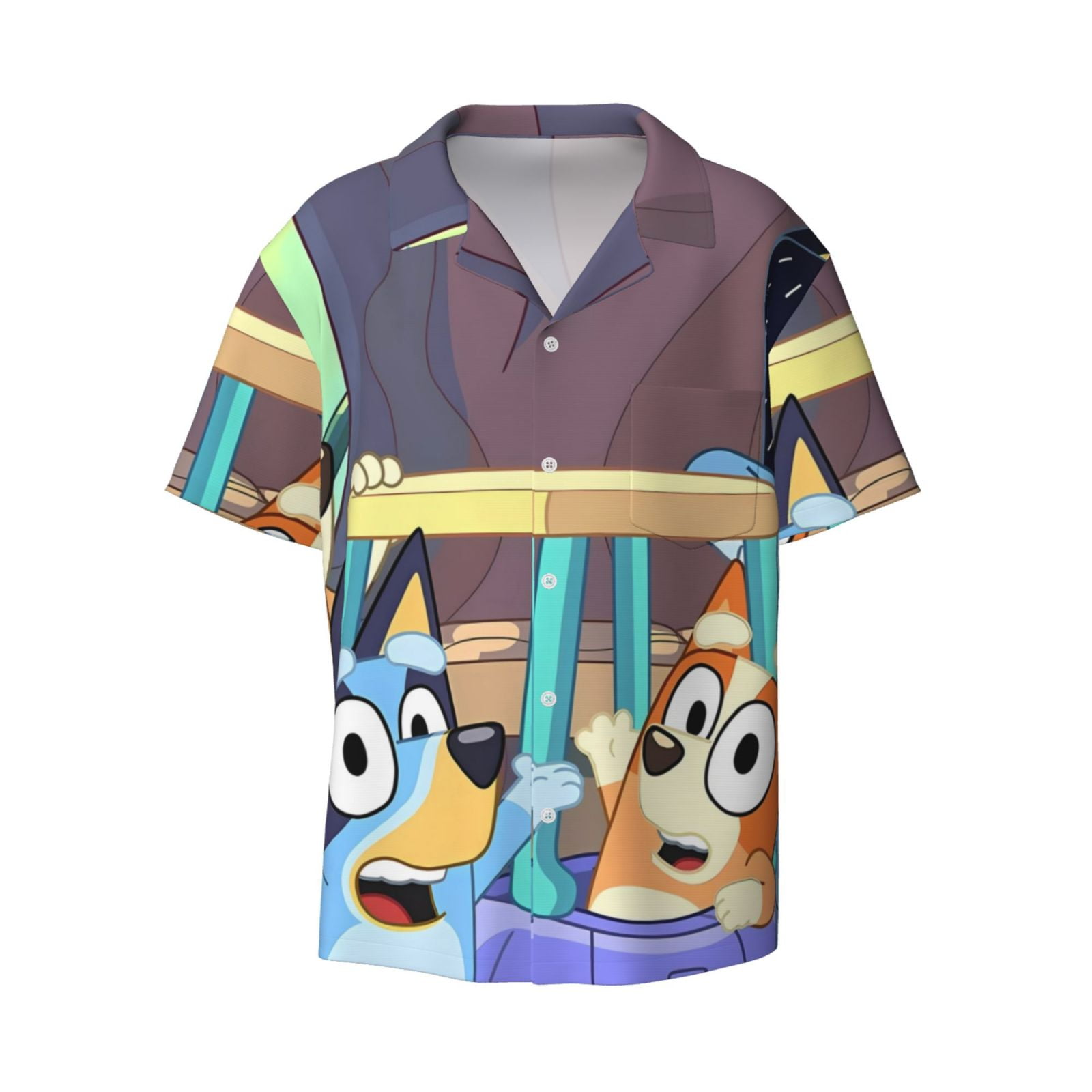 Lafuoo Bluey Pattern Men's Cuban Collar Short Sleeve Shirt, Button-Down ...