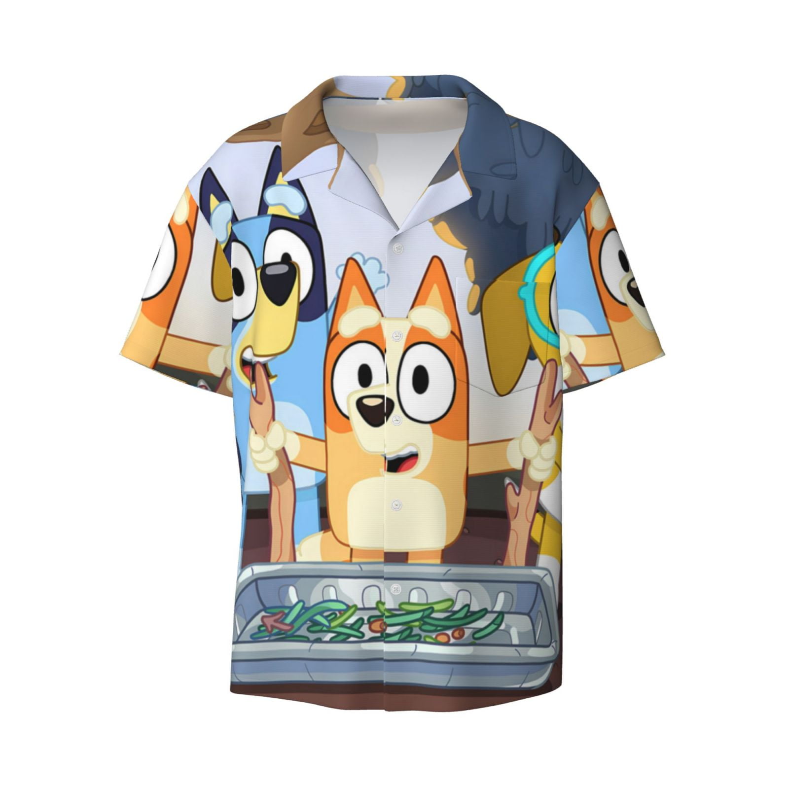 Lafuoo Bluey Pattern Men's Cuban Collar Short Sleeve Shirt, Button-Down ...