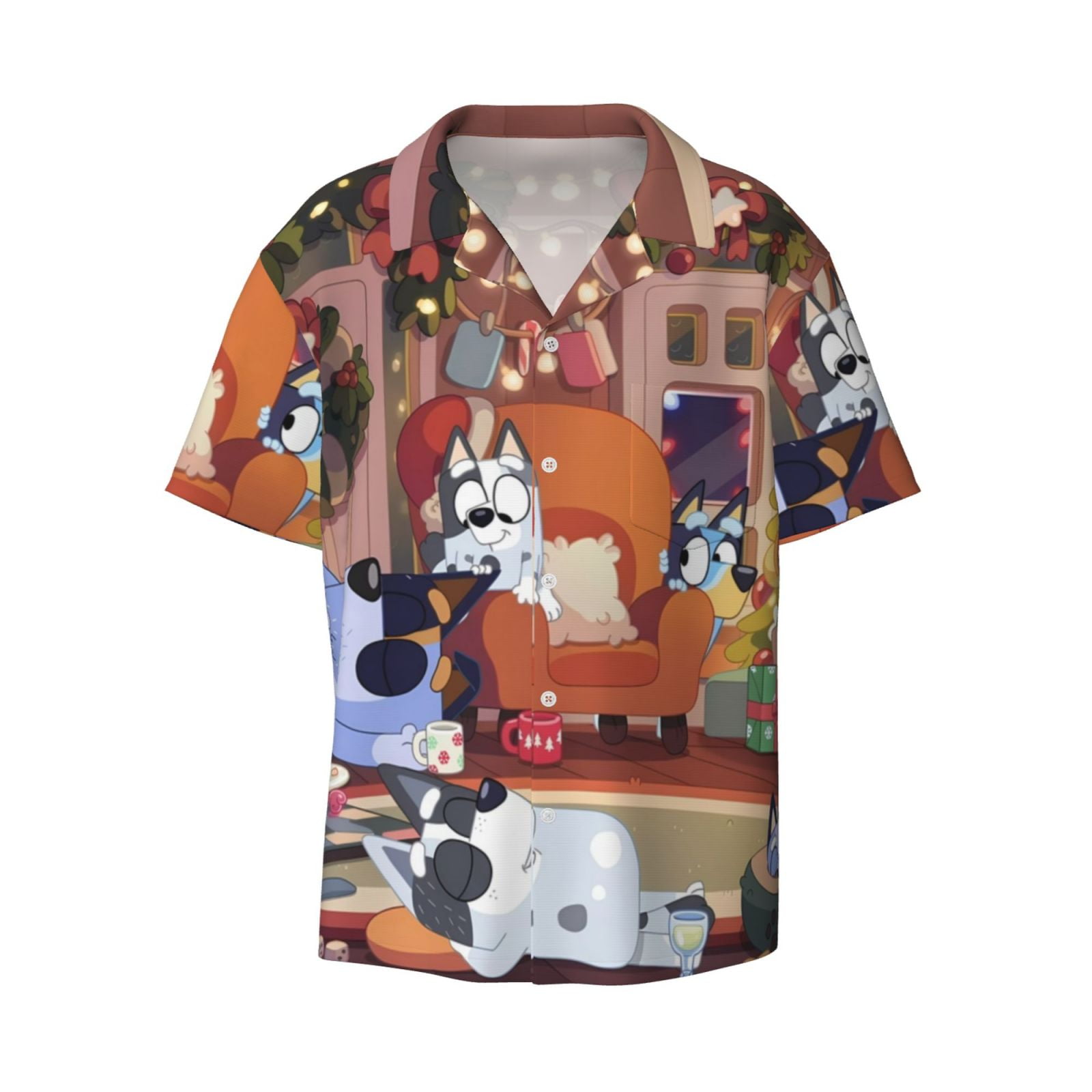 Lafuoo Bluey Pattern Men's Cuban Collar Short Sleeve Shirt, Button-Down ...