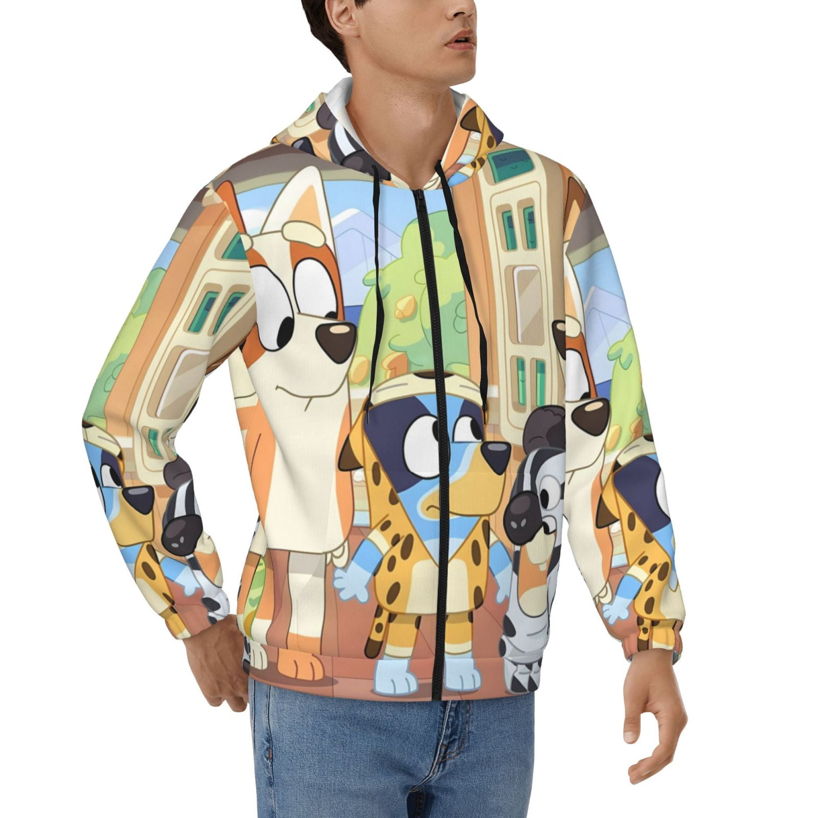 Lafuoo Bluey Pattern Men's Hooded Zip-Up Cardigan, Long-Sleeved Sport ...