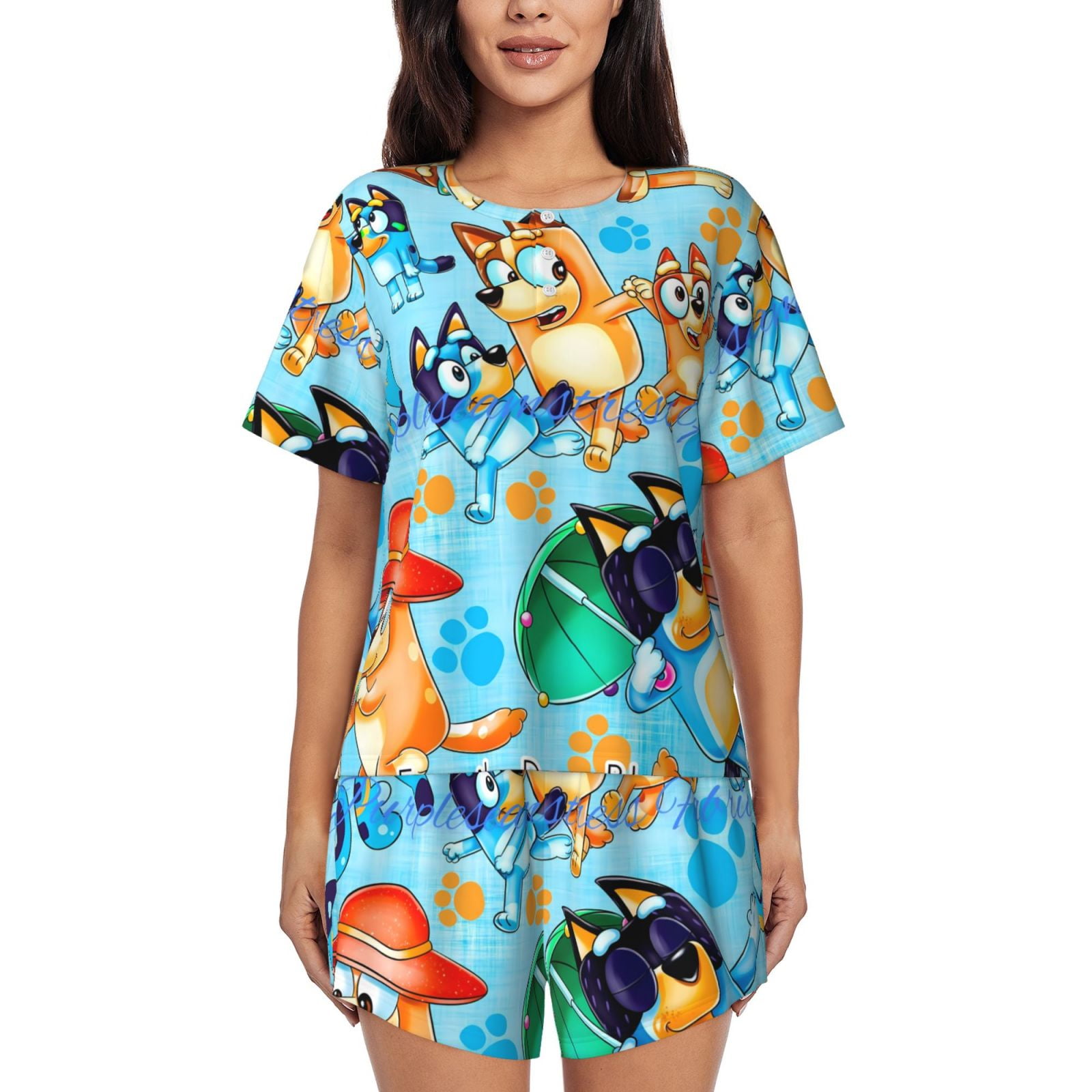 Lafuoo Bluey Pattern Women's Round Neck Short Sleeve Pajamas Set ...