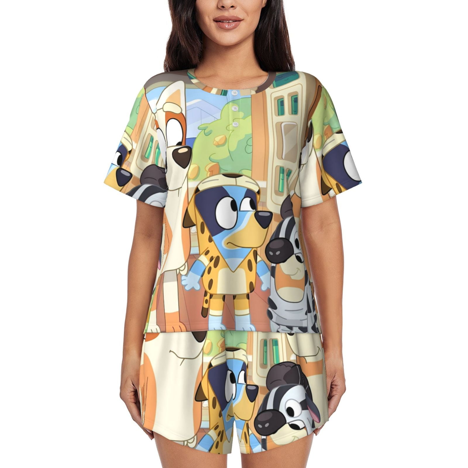 Lafuoo Bluey Pattern Women's Round Neck Short Sleeve Pajamas Set ...