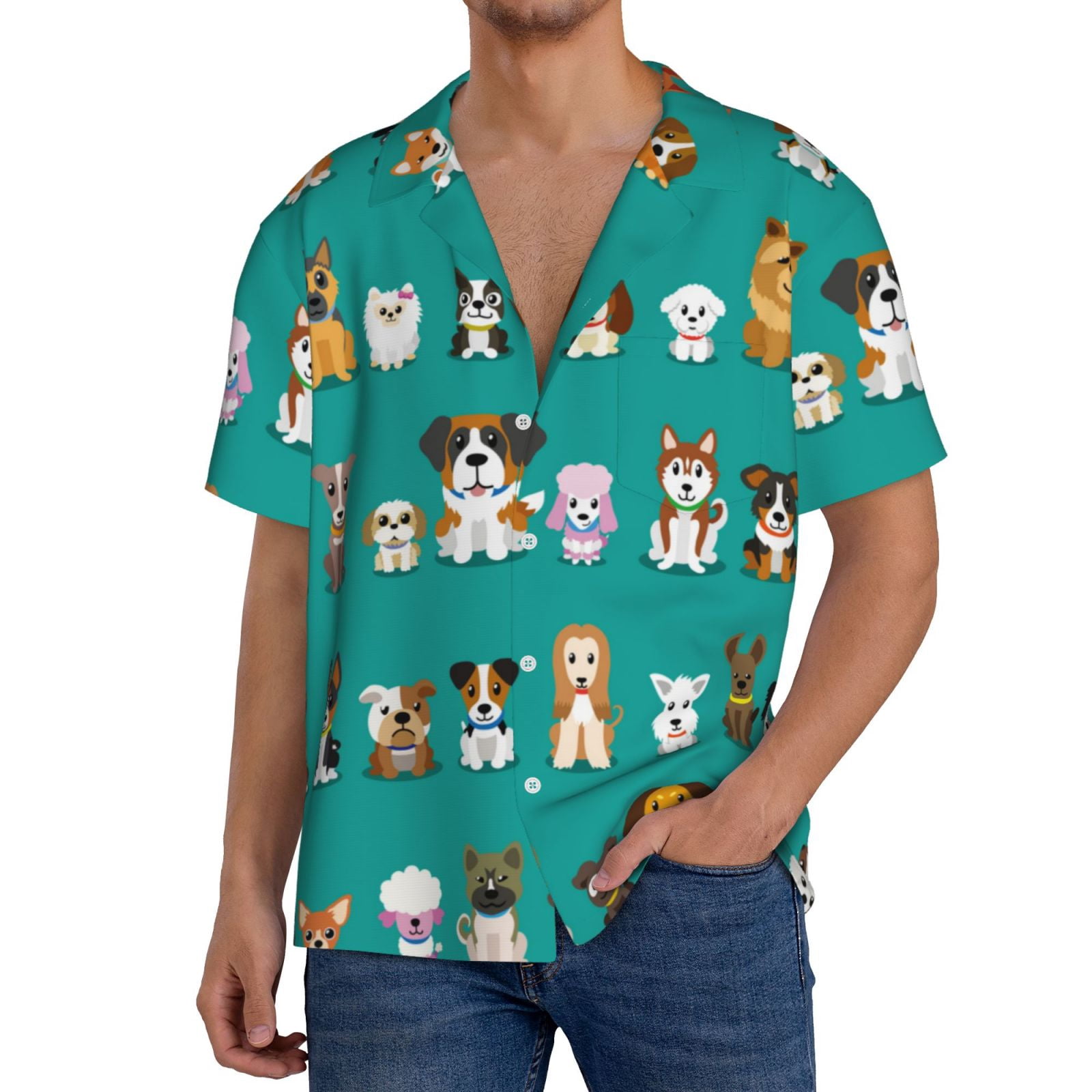 Lafuoo Cartoon Dogs Pattern Men's Cuban Collar Short Sleeve Shirt ...