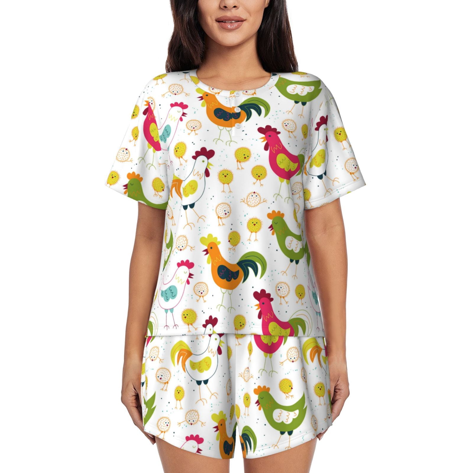 Lafuoo Chickens A Pattern Women's Round Neck Short Sleeve Pajamas Set ...