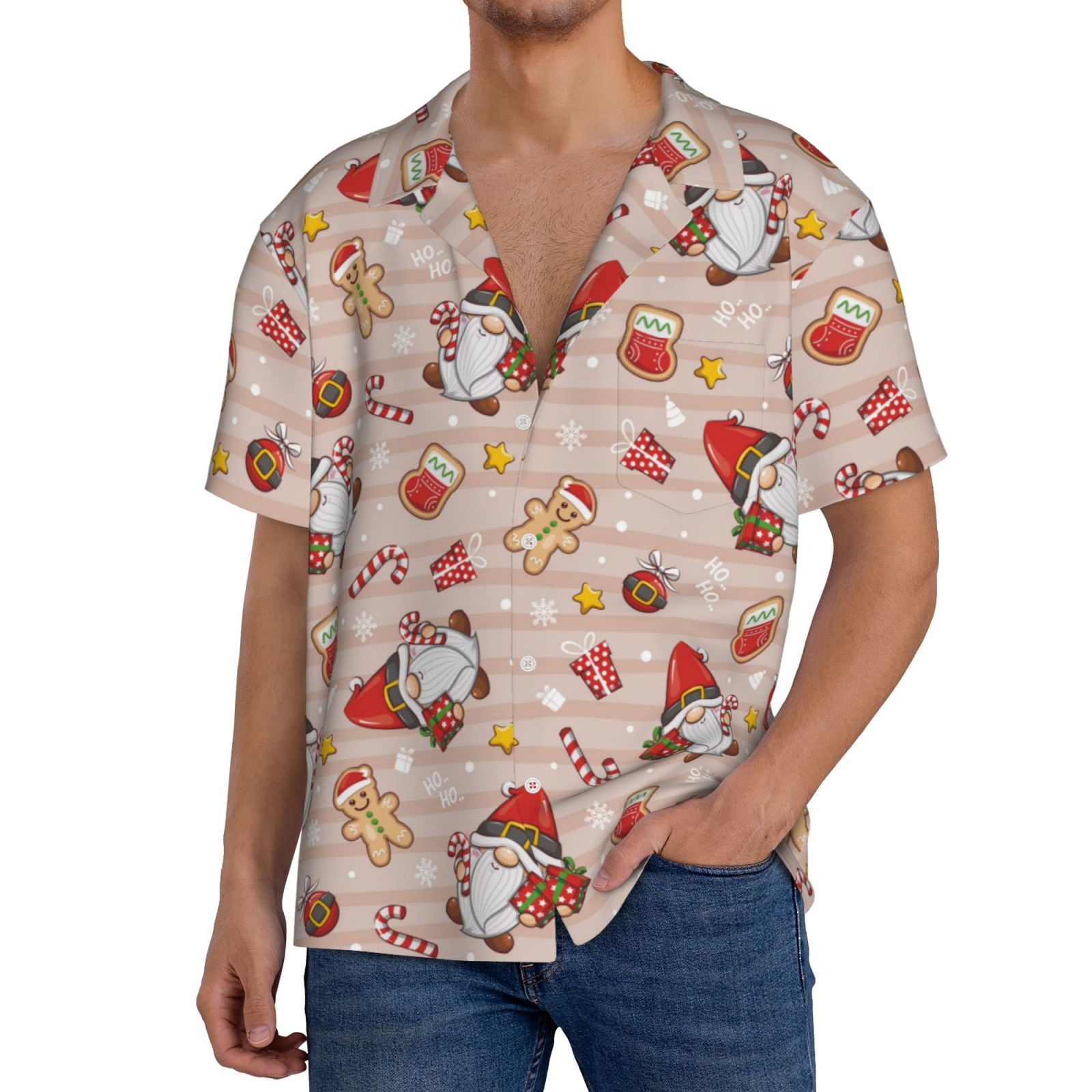 Lafuoo Christmas Gnomes Santa Claus Pattern Men's Cuban Collar Short ...