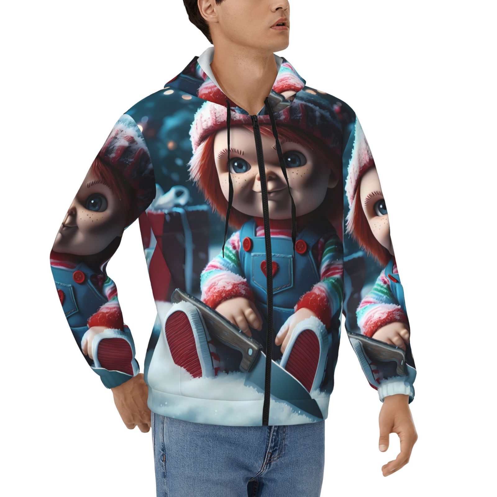 Lafuoo Chucky Pattern Men's Hooded Zip-Up Cardigan, Long-Sleeved Sport ...