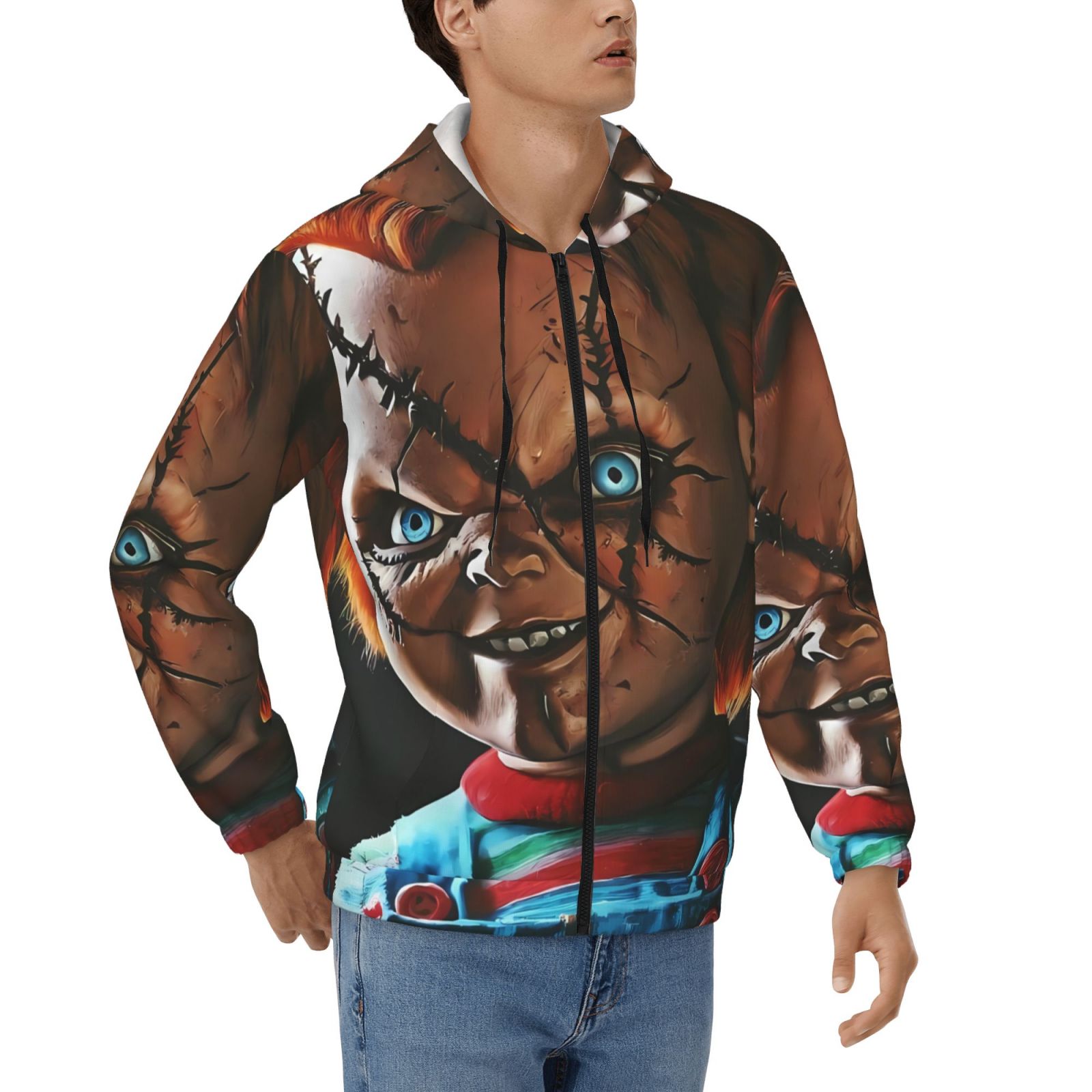 Lafuoo Chucky Pattern Men's Hooded Zip-Up Cardigan, Long-Sleeved Sport ...