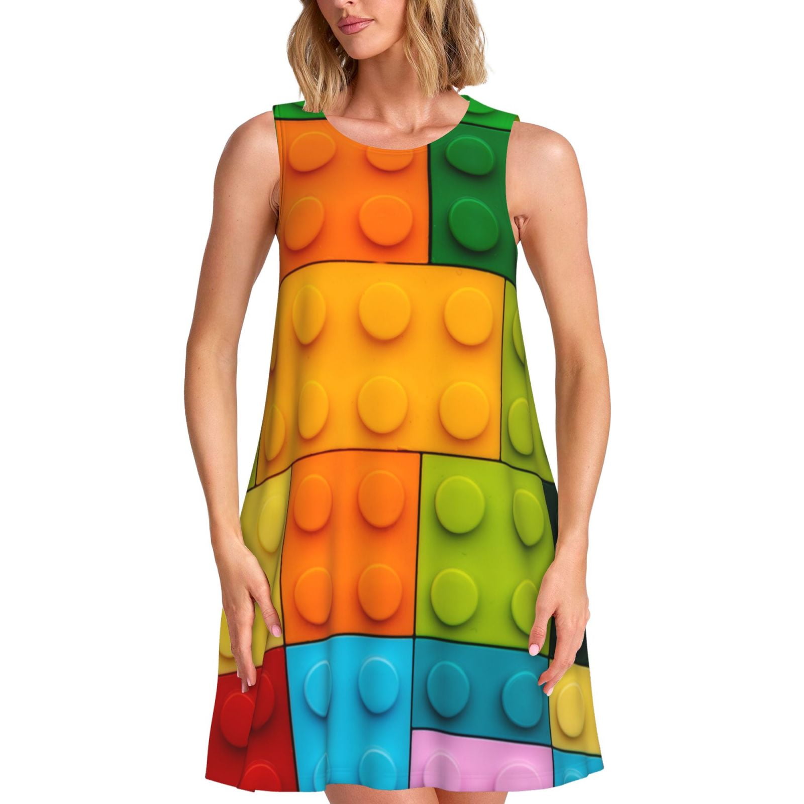 Lafuoo Colorful Building Blocks Pattern Women's Sleeveless Dress, Round ...
