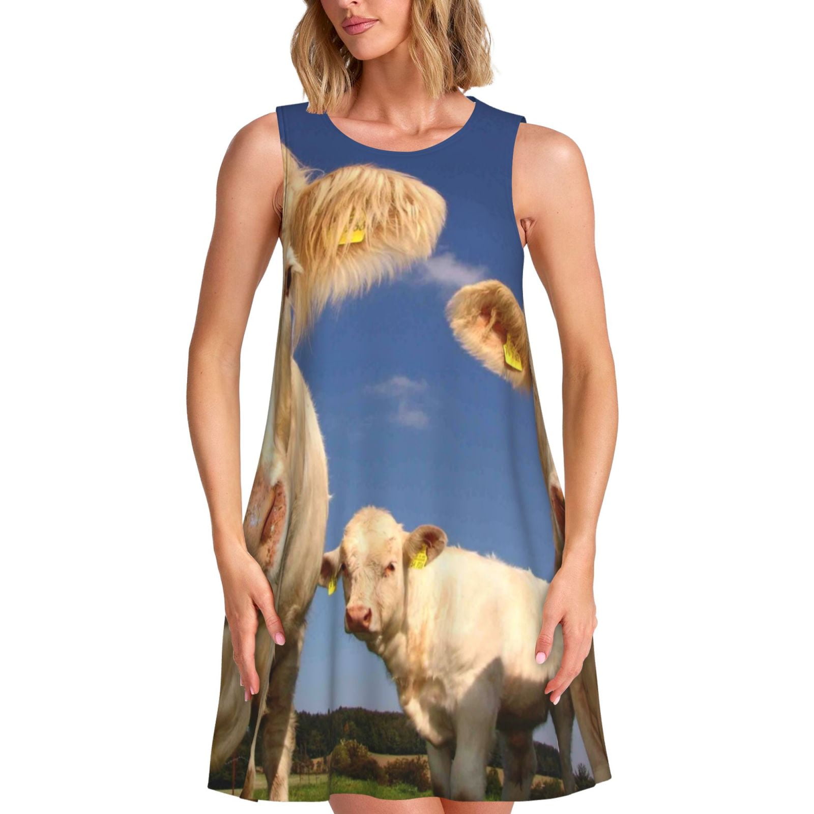 Lafuoo Cows Cattles Pattern Women's Sleeveless Dress, Round Tie Pocket ...