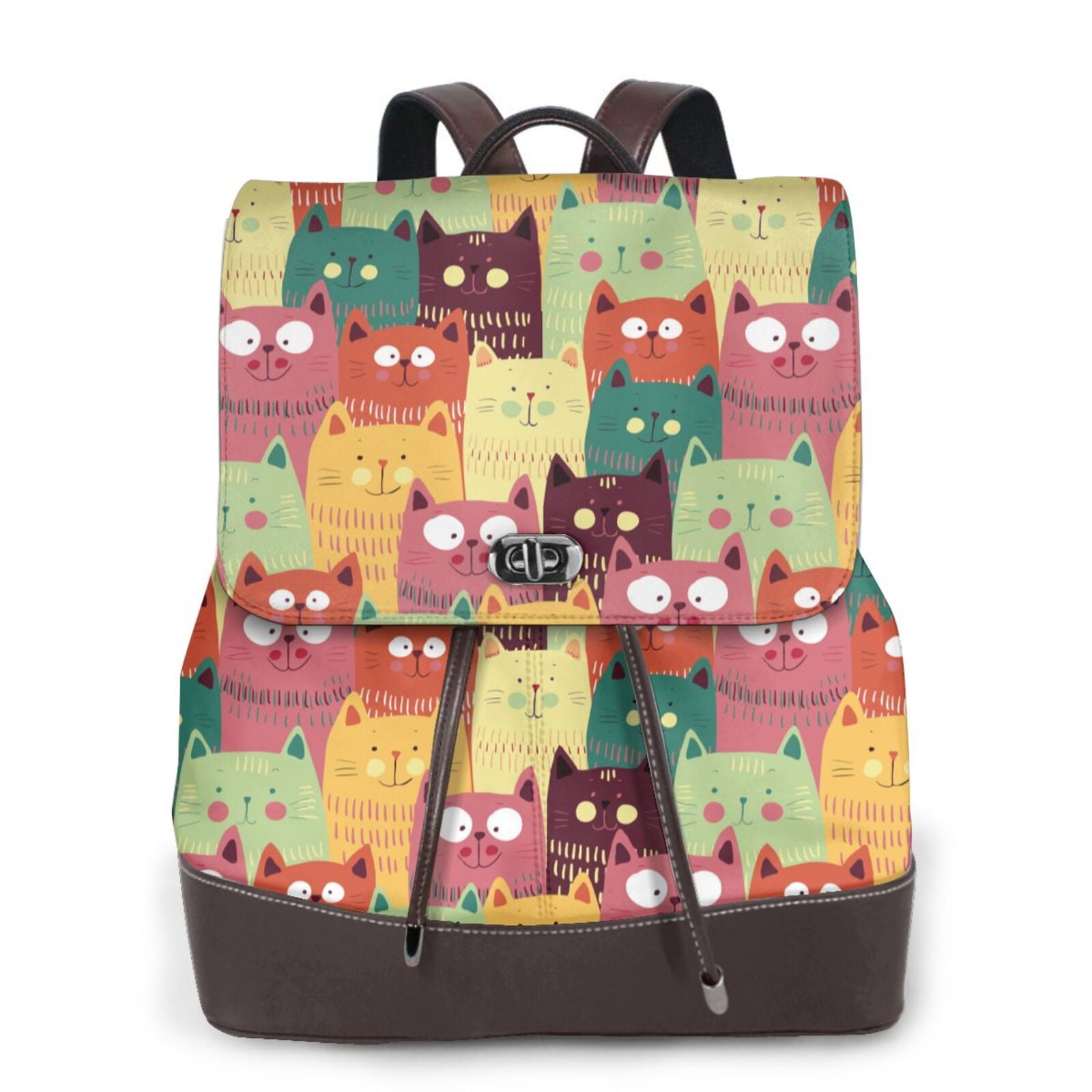 Lafuoo Cute Cartoon Cat Pattern Leather Backpack, Adjustable Backpack ...