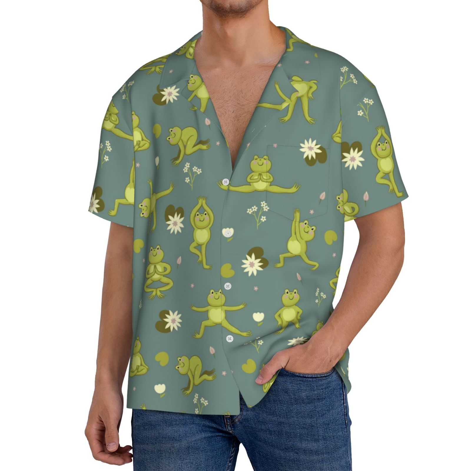 Lafuoo Cute Yoga Frogs Pattern Men's Cuban Collar Short Sleeve Shirt ...