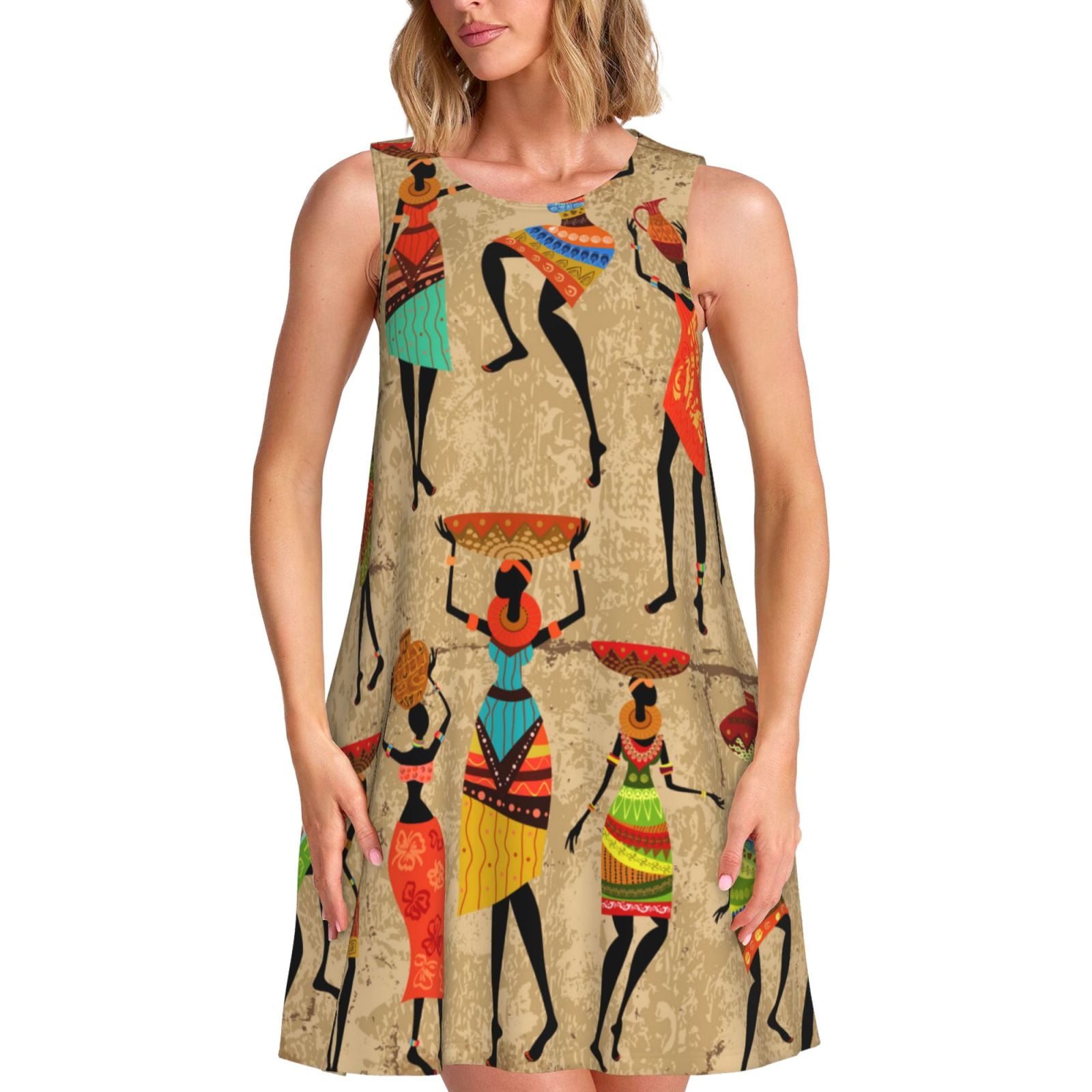 Lafuoo Dancing African Women Pattern Women's Sleeveless Dress, Round ...
