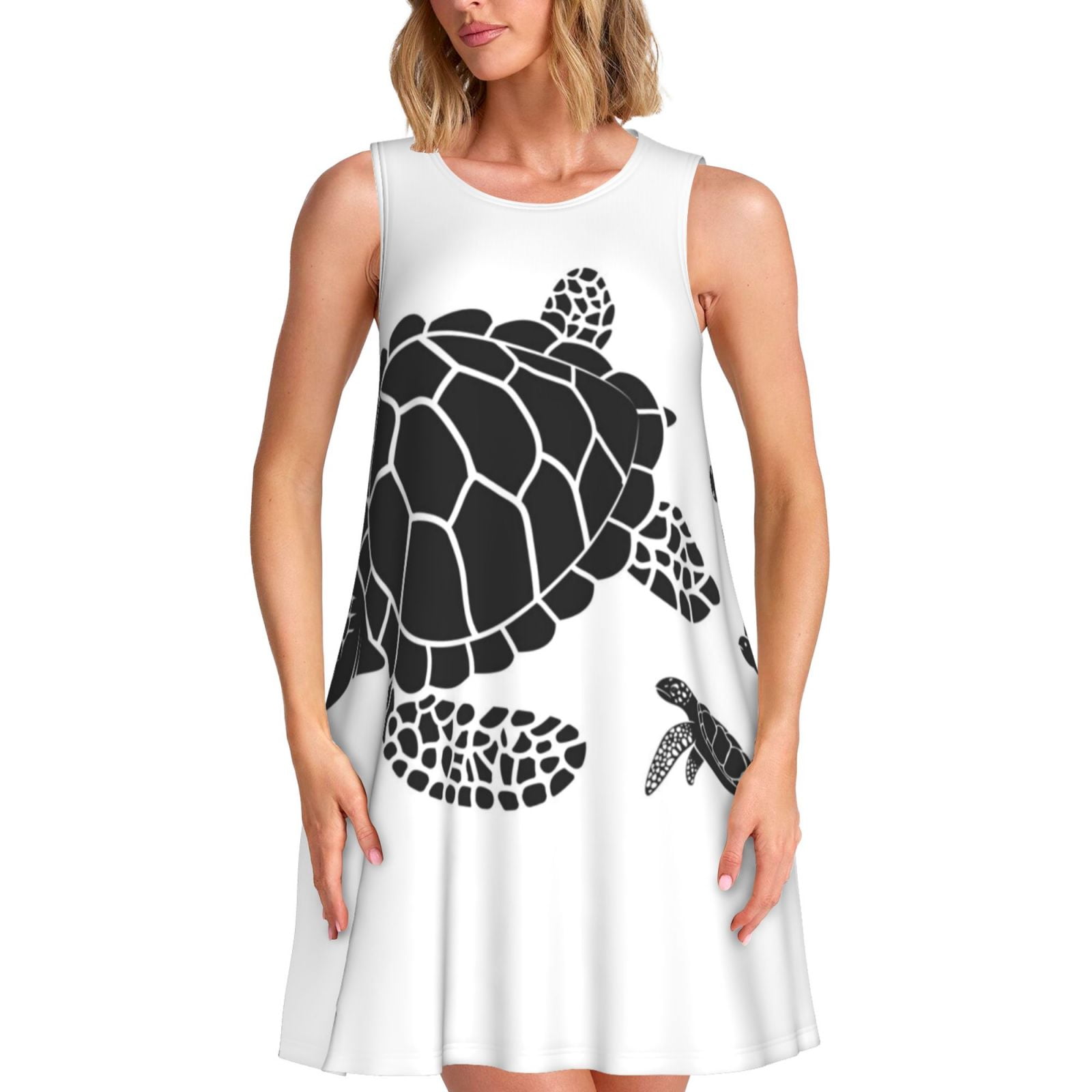 Lafuoo Family Of Sea Turtles Pattern Women's Sleeveless Dress, Round ...