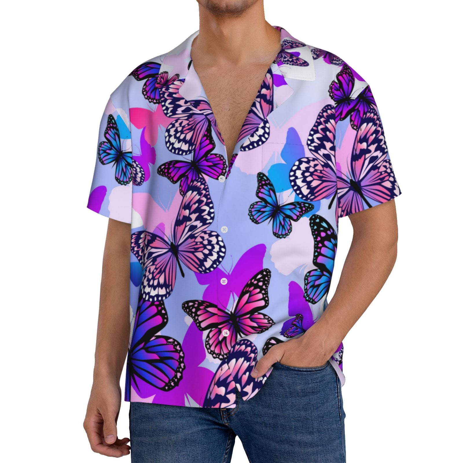 Lafuoo Flying Butterflies Pattern Men's Cuban Collar Short Sleeve Shirt ...
