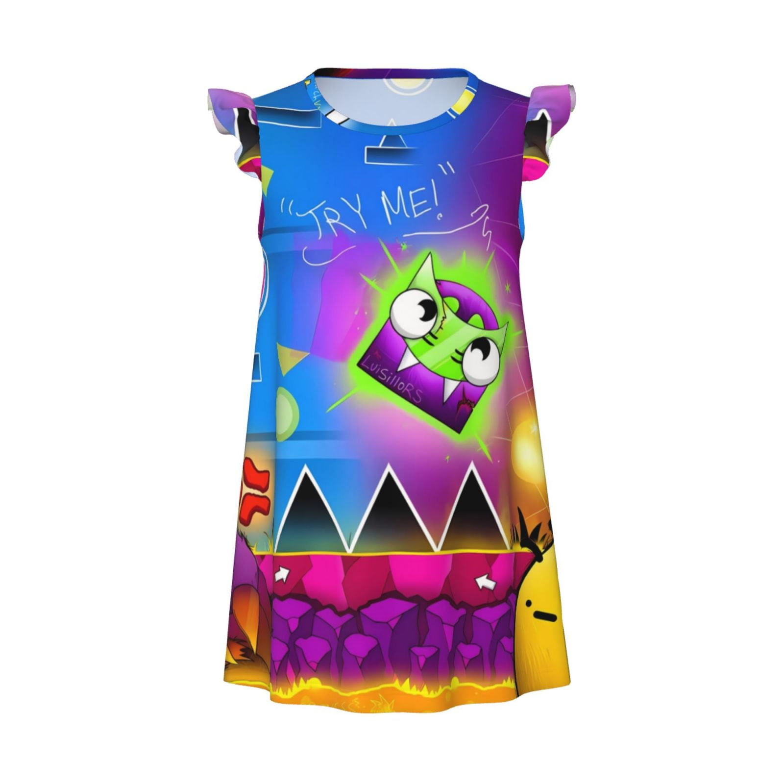 Lafuoo Geometry Dash Pattern Girls' Small Flying Sleeve Nightdress ...