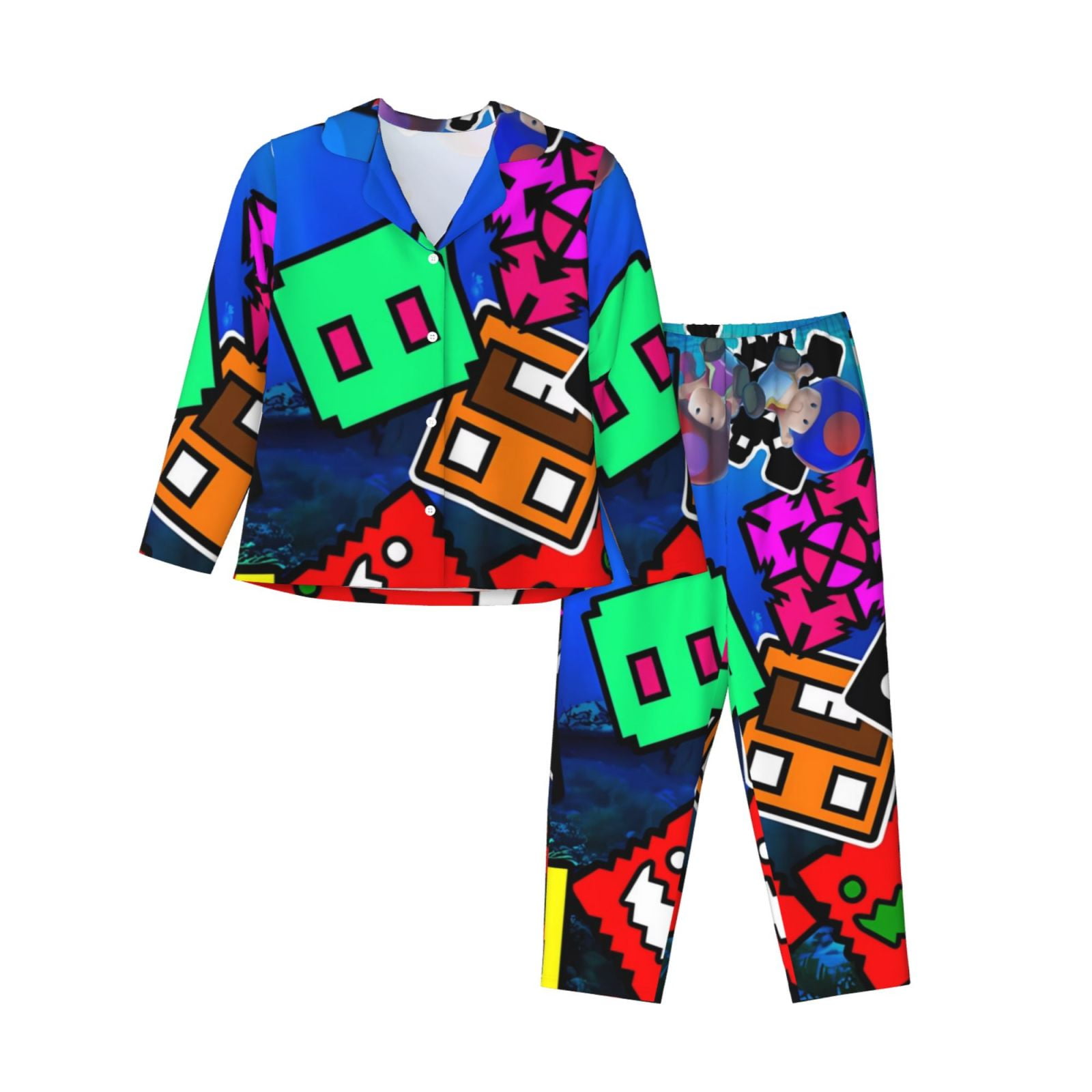 Lafuoo Geometry Dash Pattern Long Sleeve Cardigan Pajama Set, Button ...