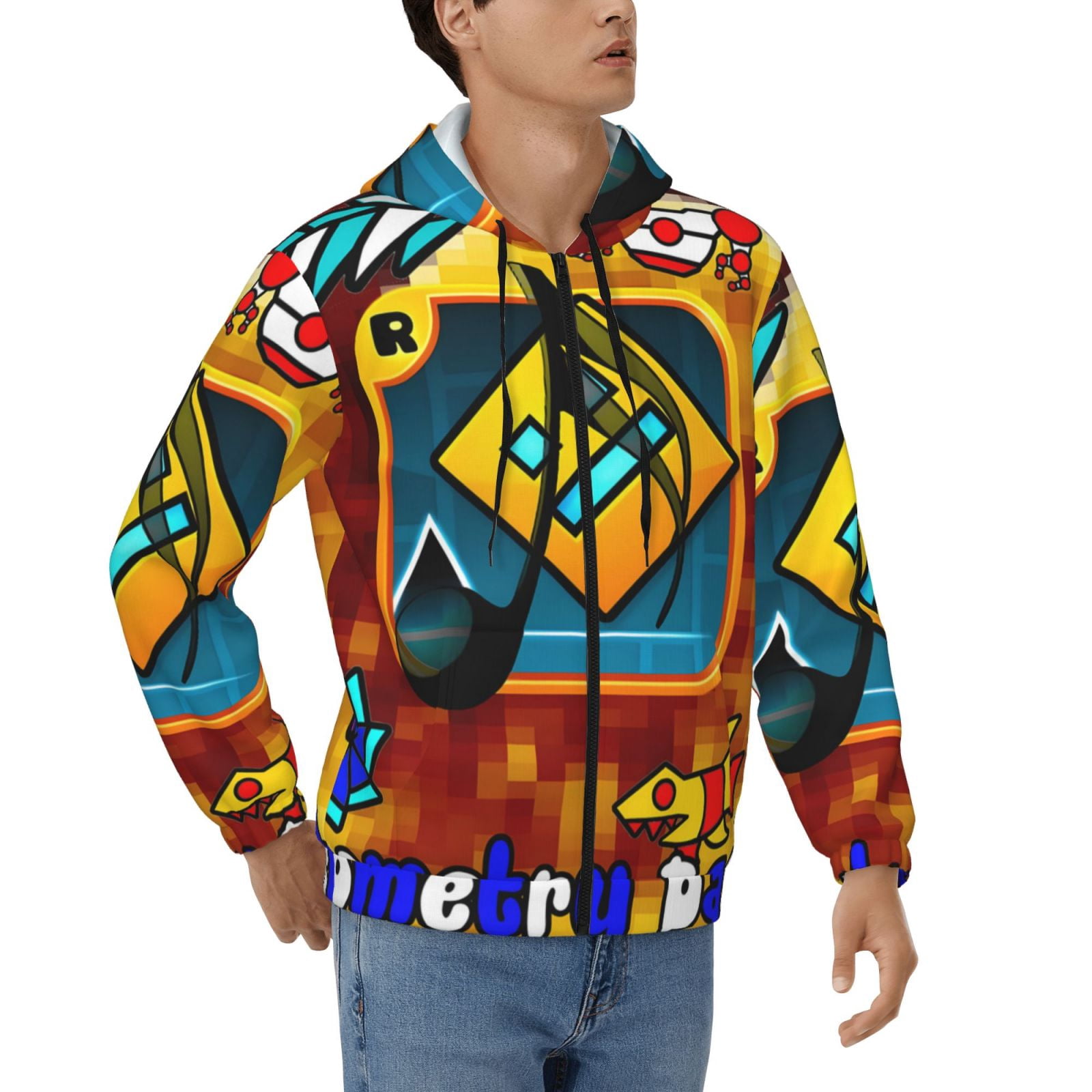 Lafuoo Geometry Dash Pattern Men's Hooded Zip-Up Cardigan, Long-Sleeved ...