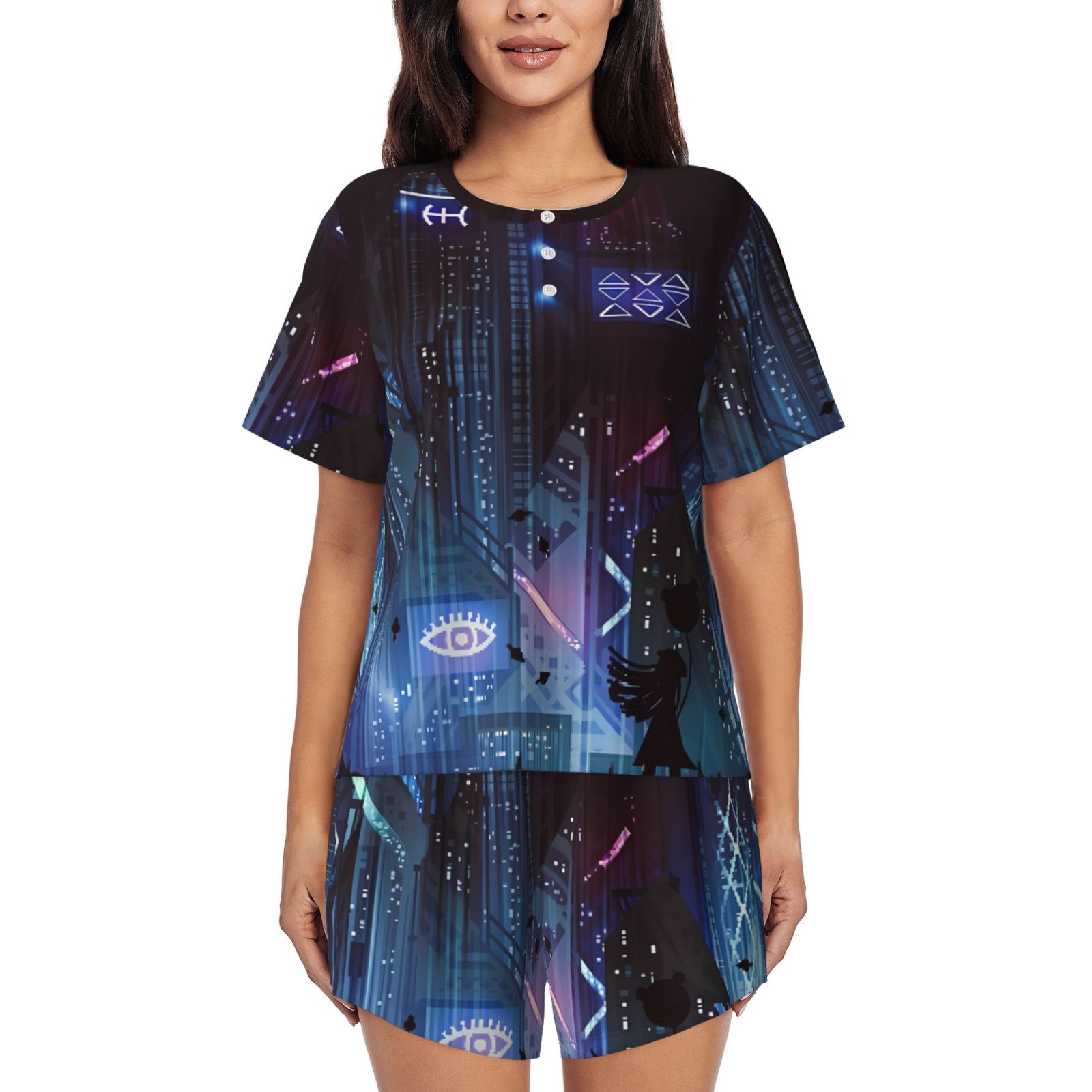 Lafuoo Geometry Dash Pattern Women's Round Neck Short Sleeve Pajamas ...